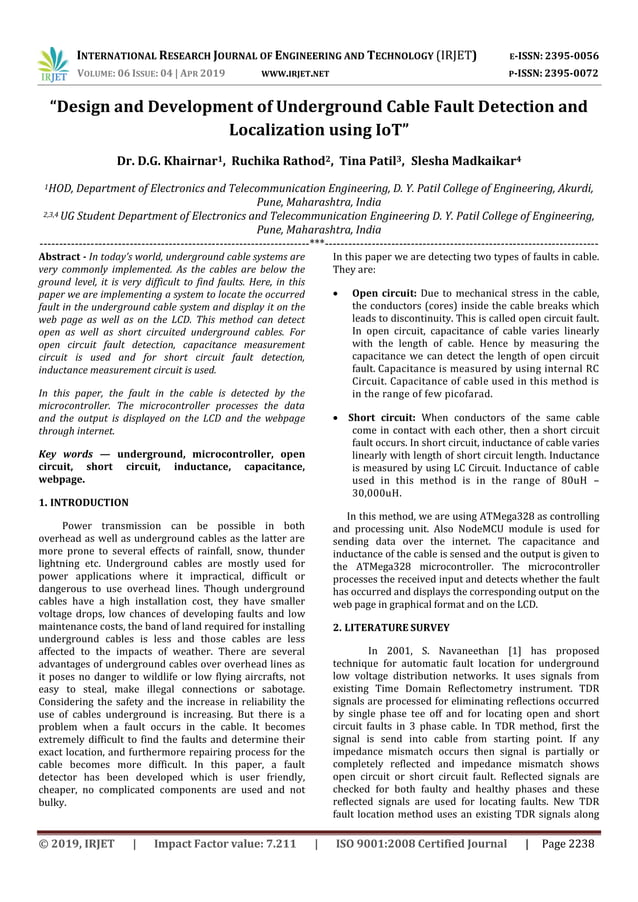 IRJET- Design and Development of Underground Cable Fault Detection and Localization using IoT | PDF