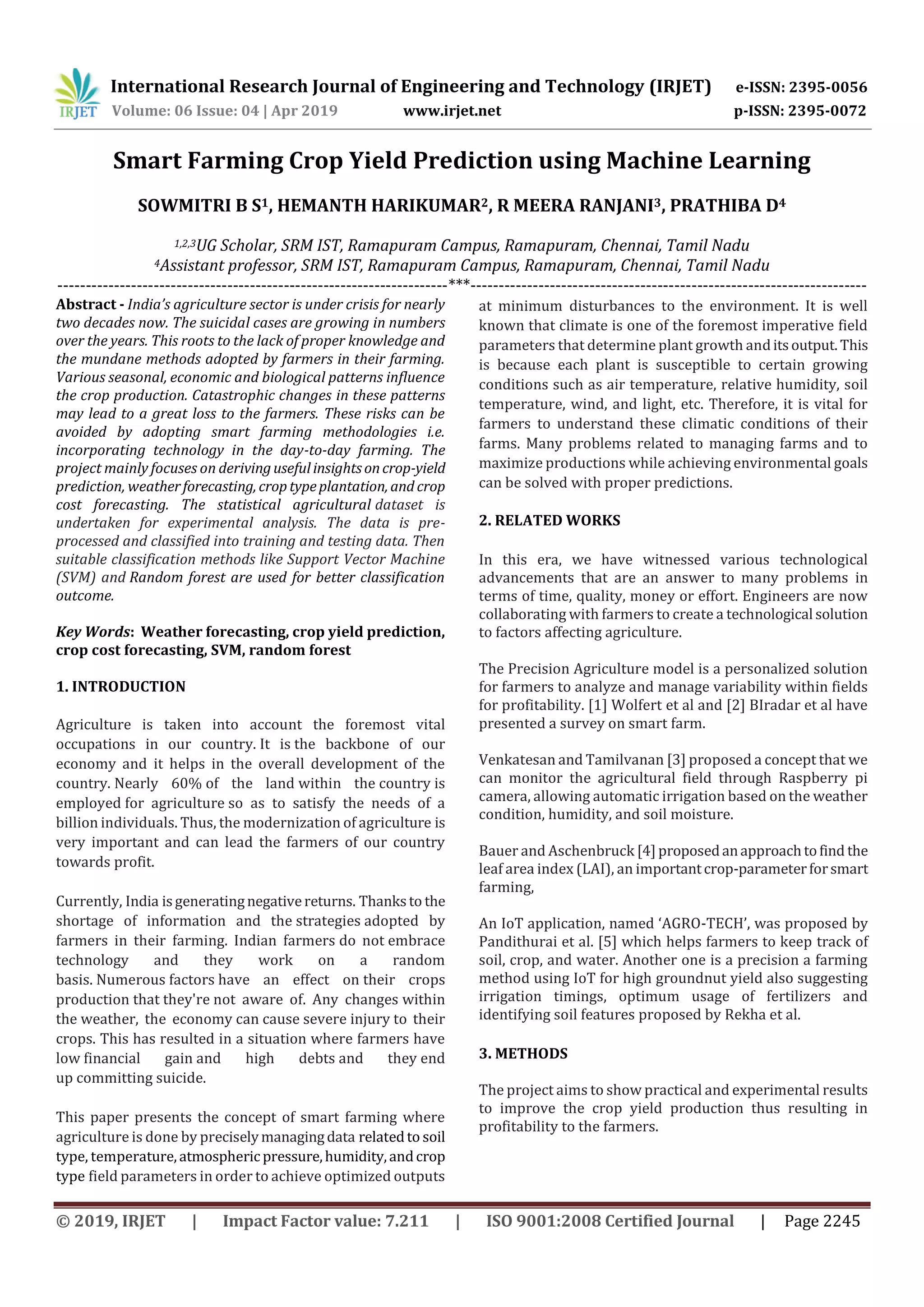IRJET- Smart Farming Crop Yield Prediction using Machine Learning | PDF