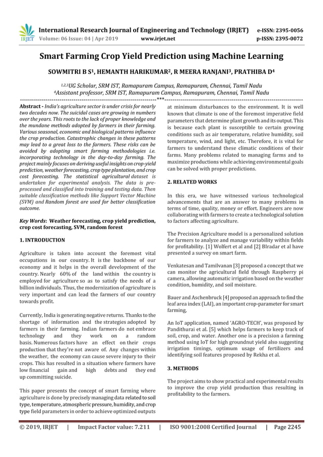 IRJET- Smart Farming Crop Yield Prediction using Machine Learning | PDF