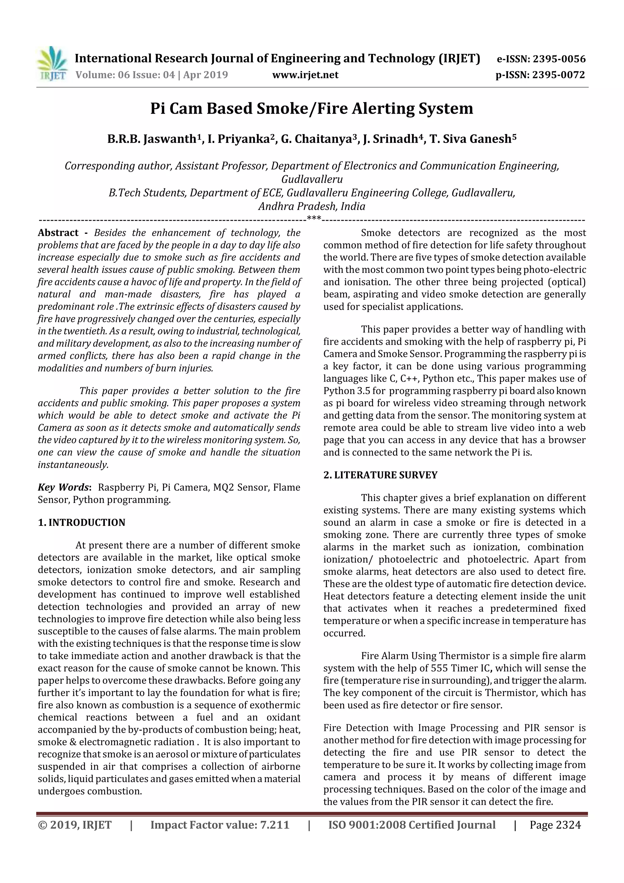 IRJET- Pi Cam based Smoke/Fire Alerting System | PDF