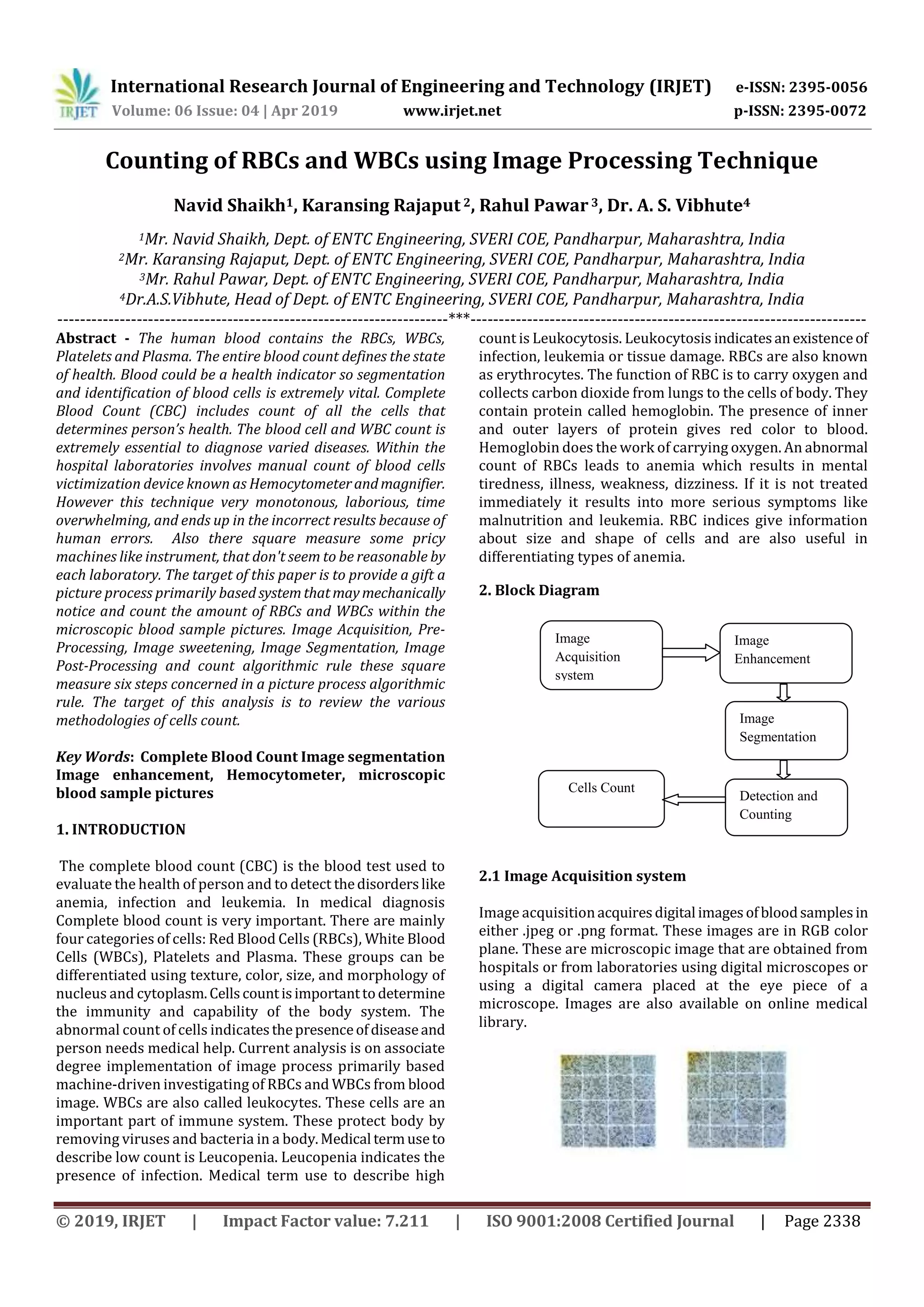 IRJET- Counting of RBCS and WBCS using Image Processing Technique | PDF