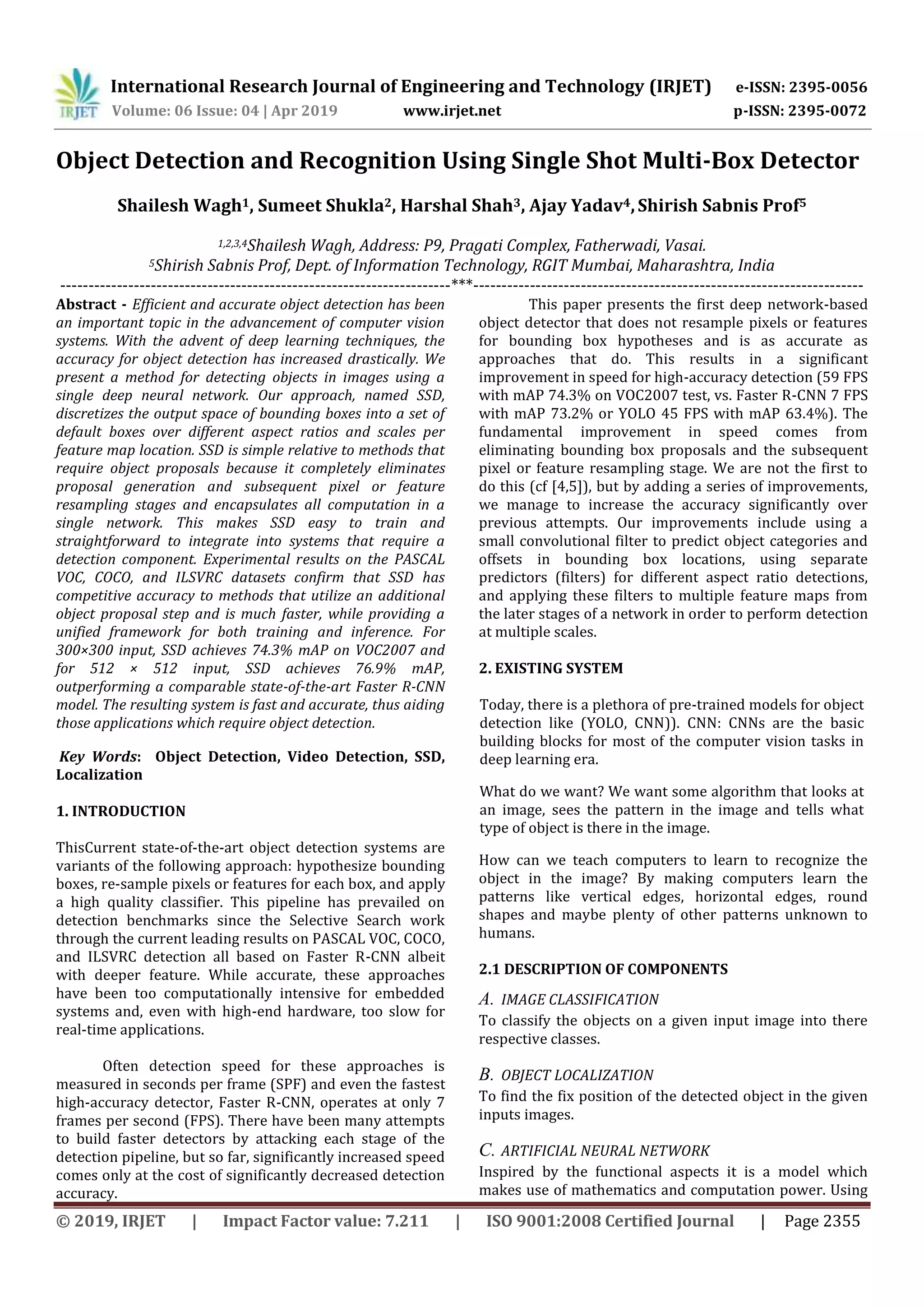 Irjet Object Detection And Recognition Using Single Shot Multi Box 2532