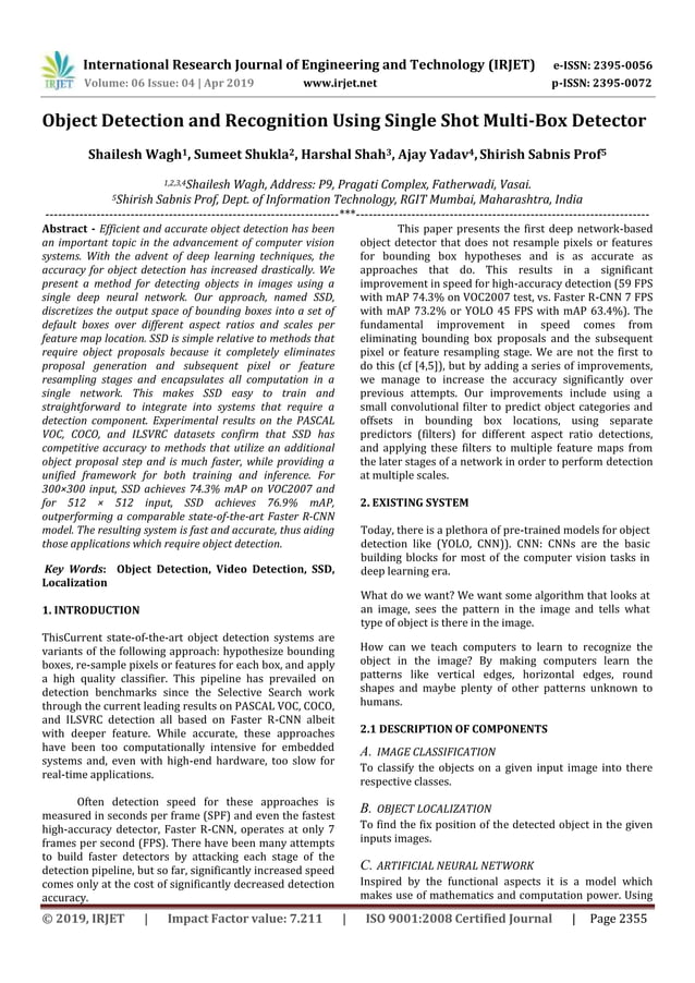 IRJET- Object Detection and Recognition using Single Shot Multi-Box Detector | PDF