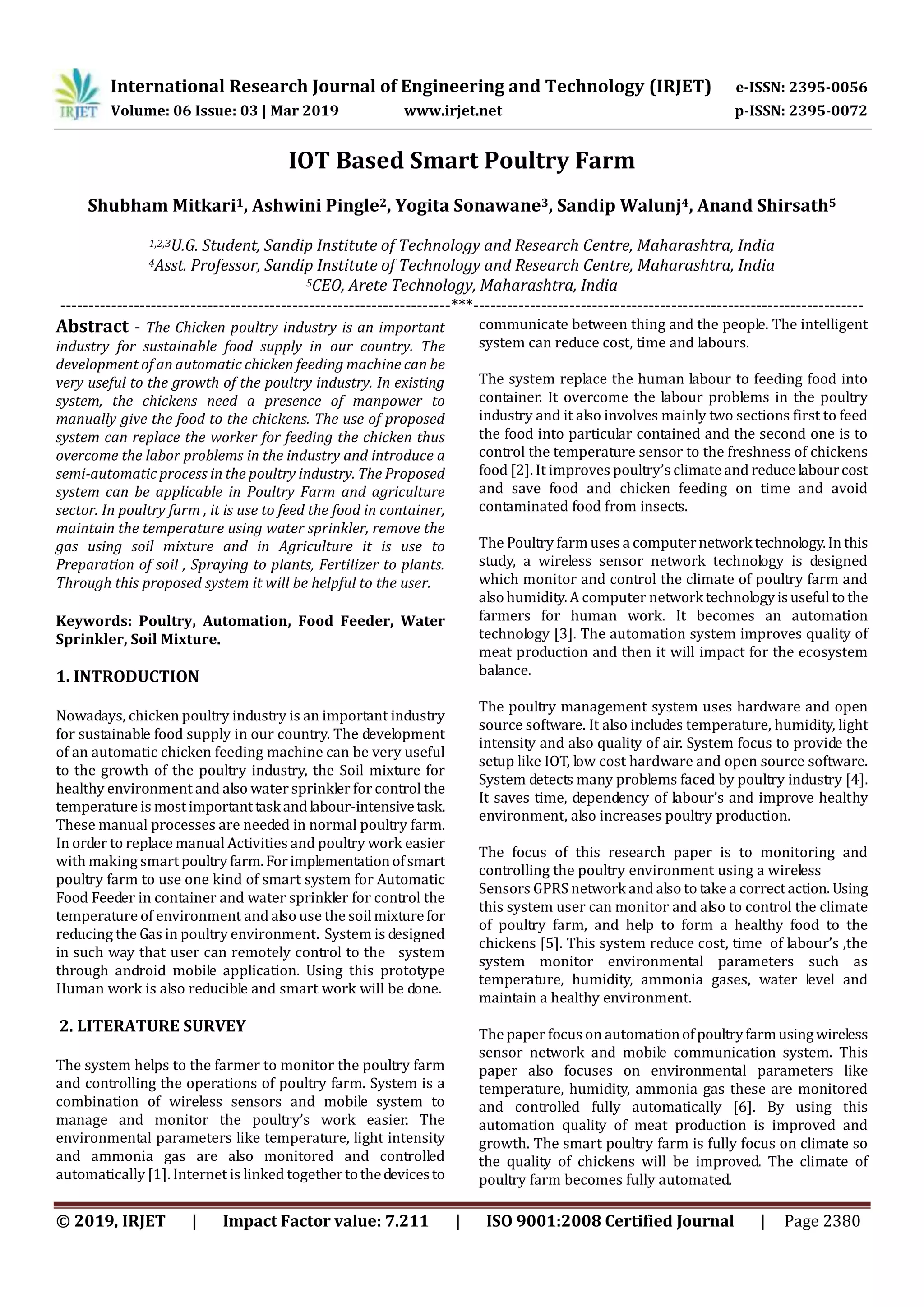 IRJET- IoT based Smart Poultry Farm | PDF