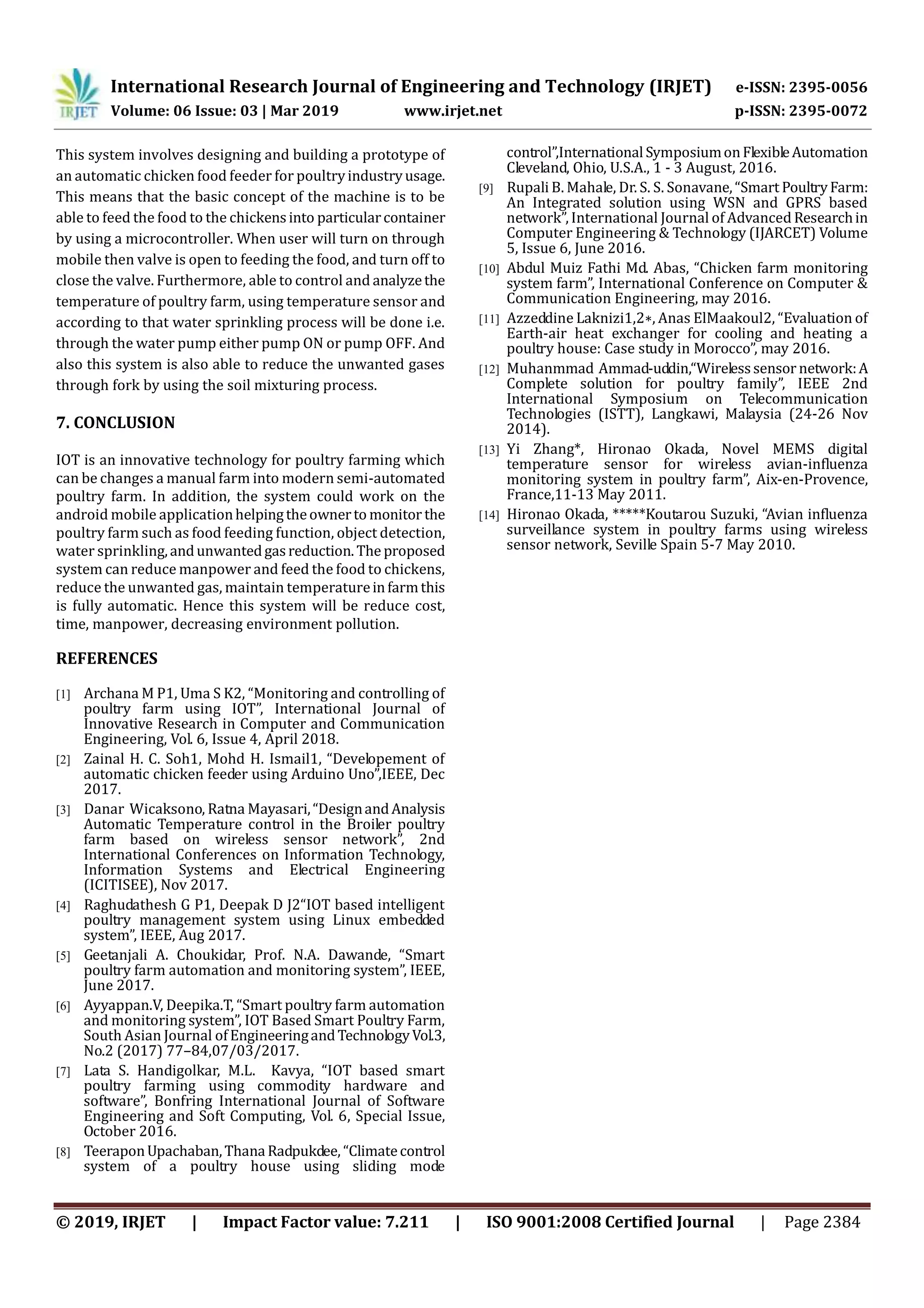 IRJET- IoT based Smart Poultry Farm | PDF