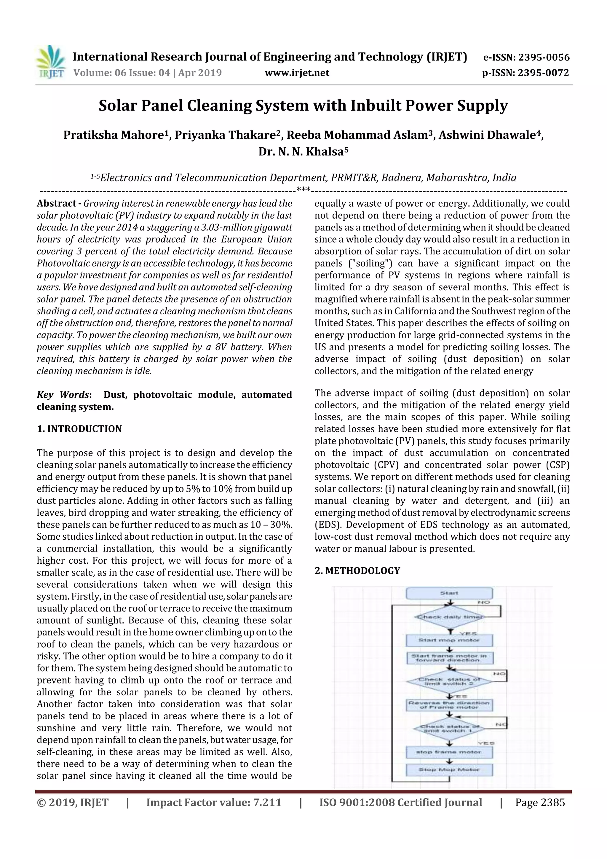 IRJET- Solar Panel Cleaning System with Inbuilt Power Supply | PDF