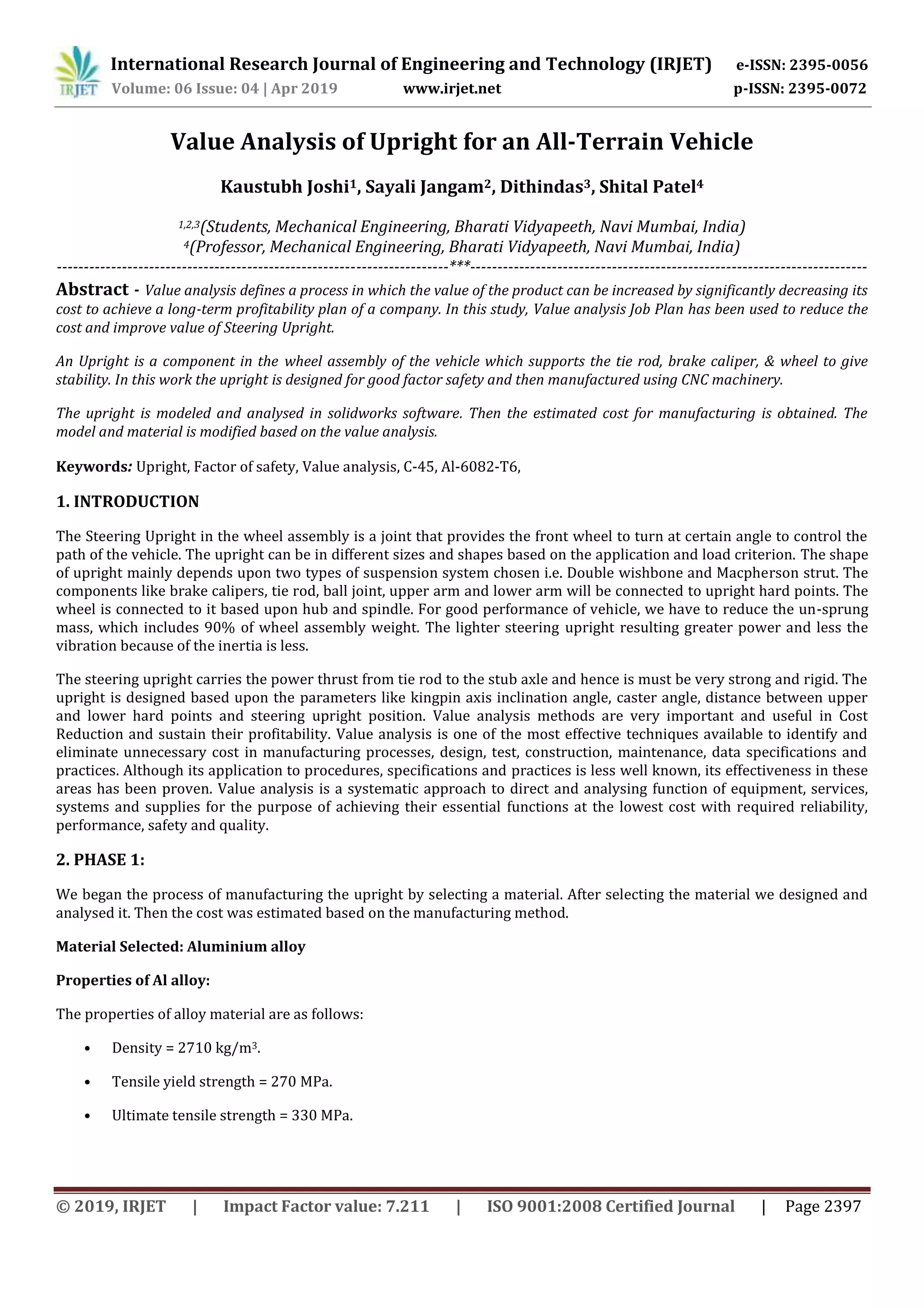 IRJET- Value Analysis of Upright for an All-Terrain Vehicle | PDF