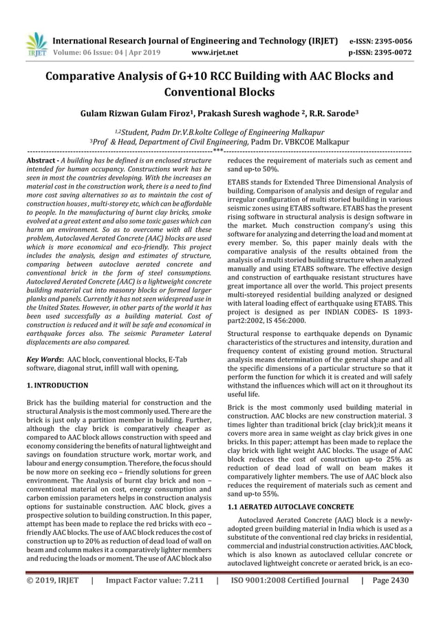 IRJET- Comparative Analysis of G+10 RCC Building with AAC Blocks and ...