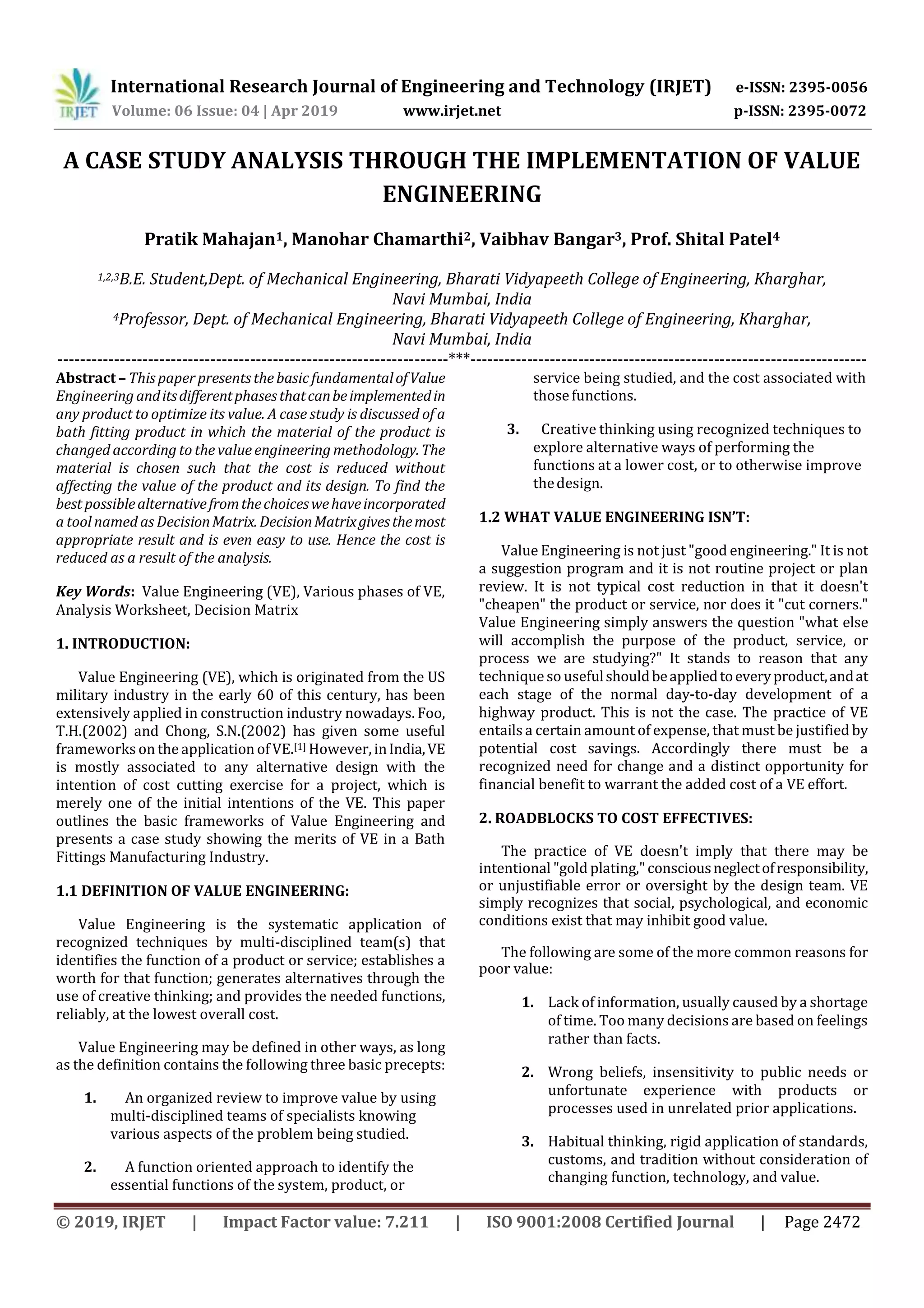 IRJET- A Case Study Analysis through the Implementation of Value Engineering | PDF