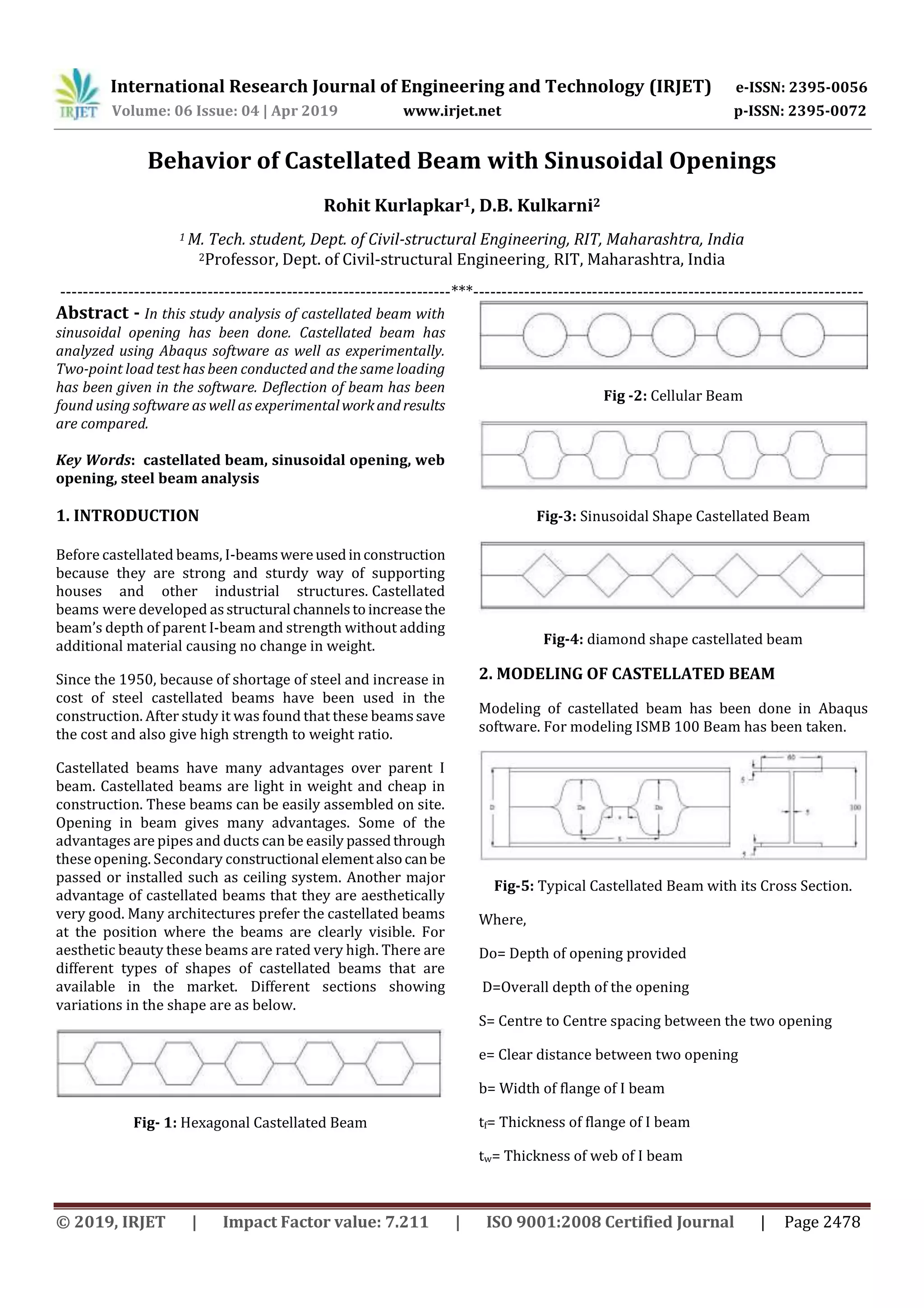 IRJET- Behavior of Castellated Beam with Sinusoidal Openings | PDF