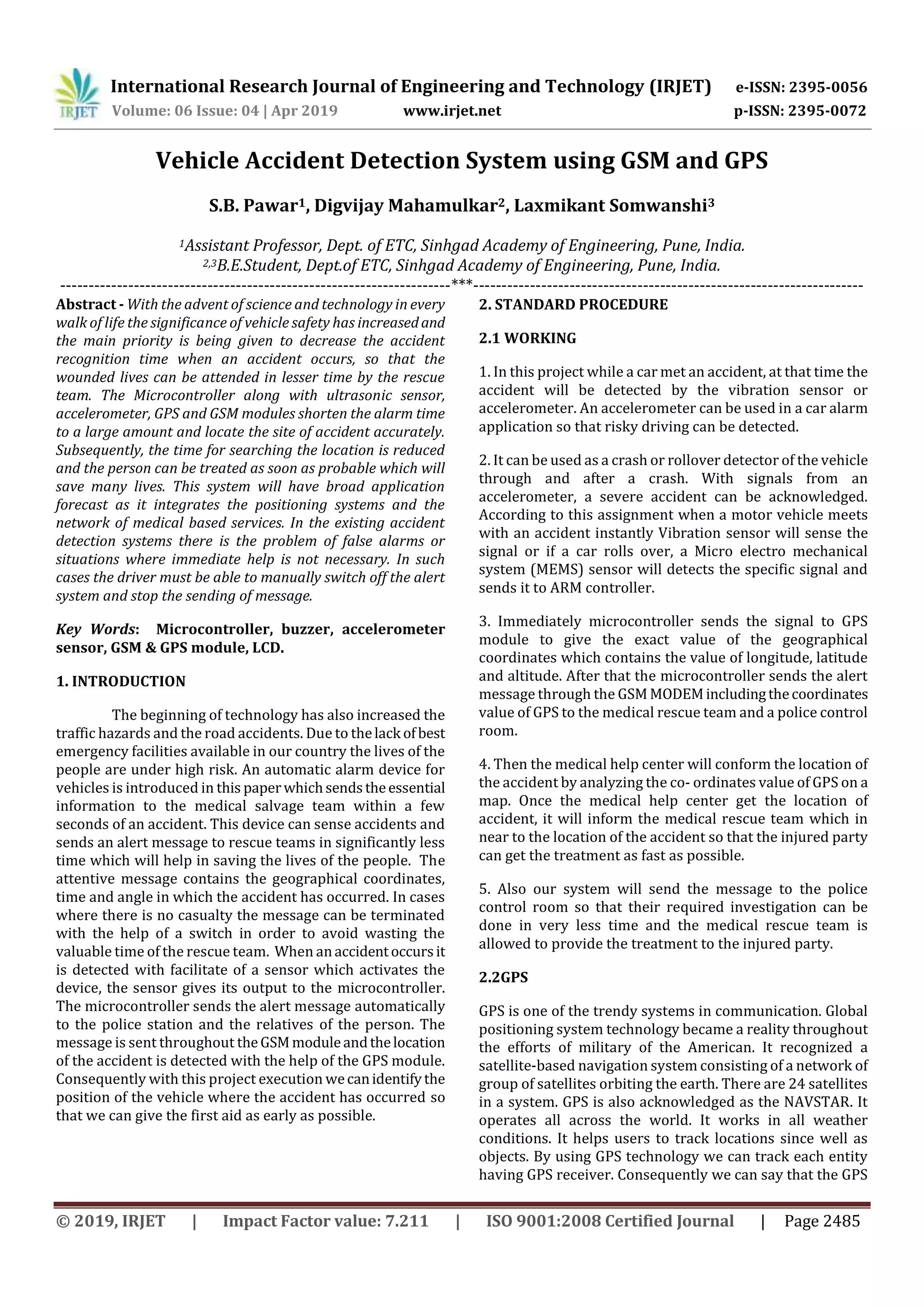 IRJET- Vehicle Accident Detection System using GSM and GPS | PDF