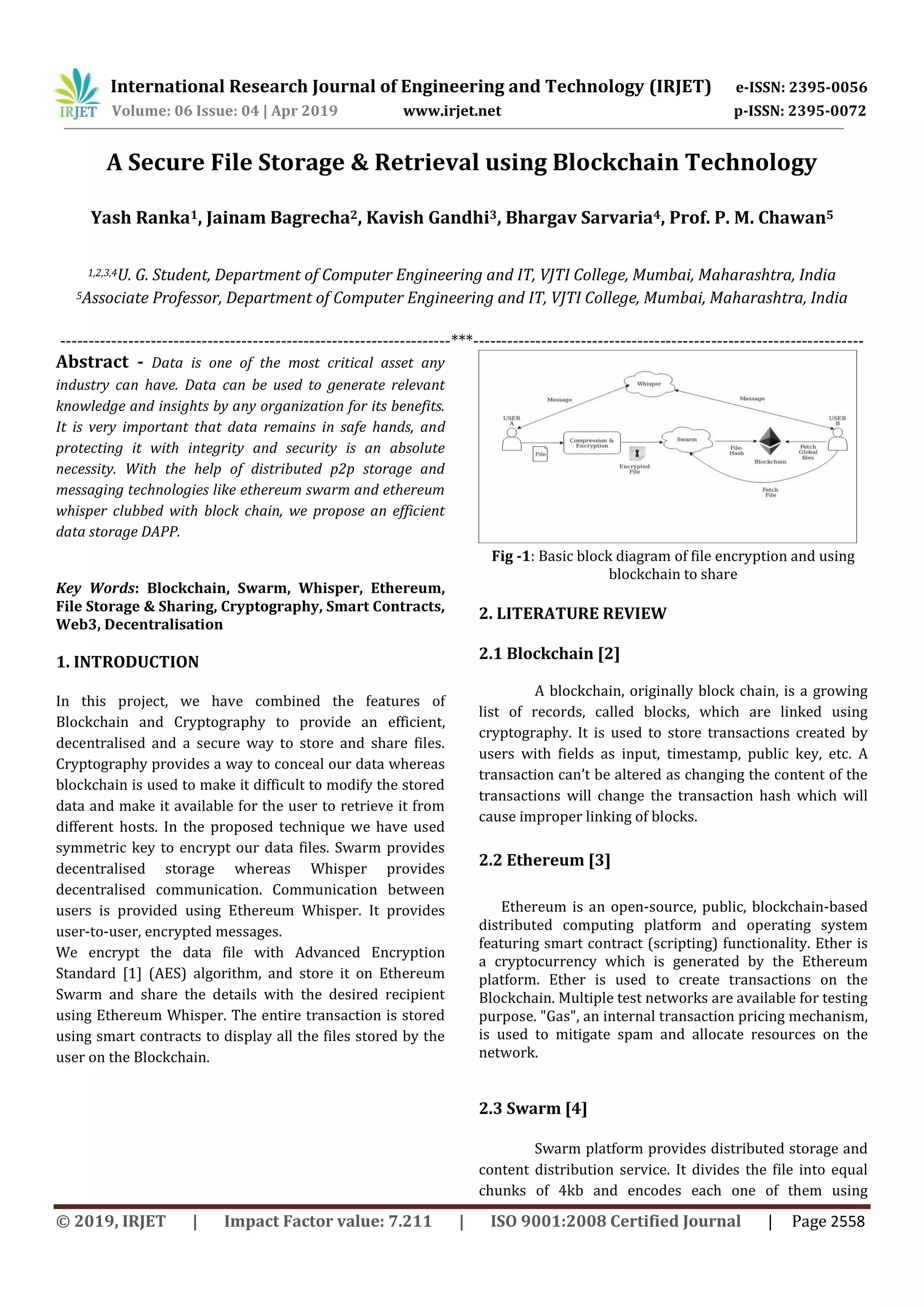 IRJET- A Secure File Storage & Retrieval using Blockchain Technology | PDF