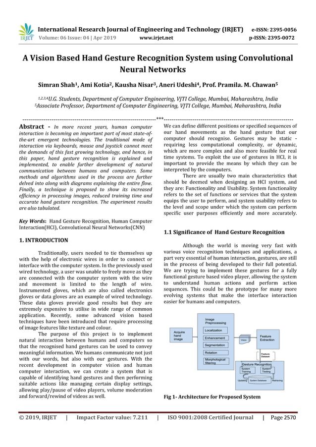 IRJET- A Vision based Hand Gesture Recognition System using Convolutional Neural Networks | PDF