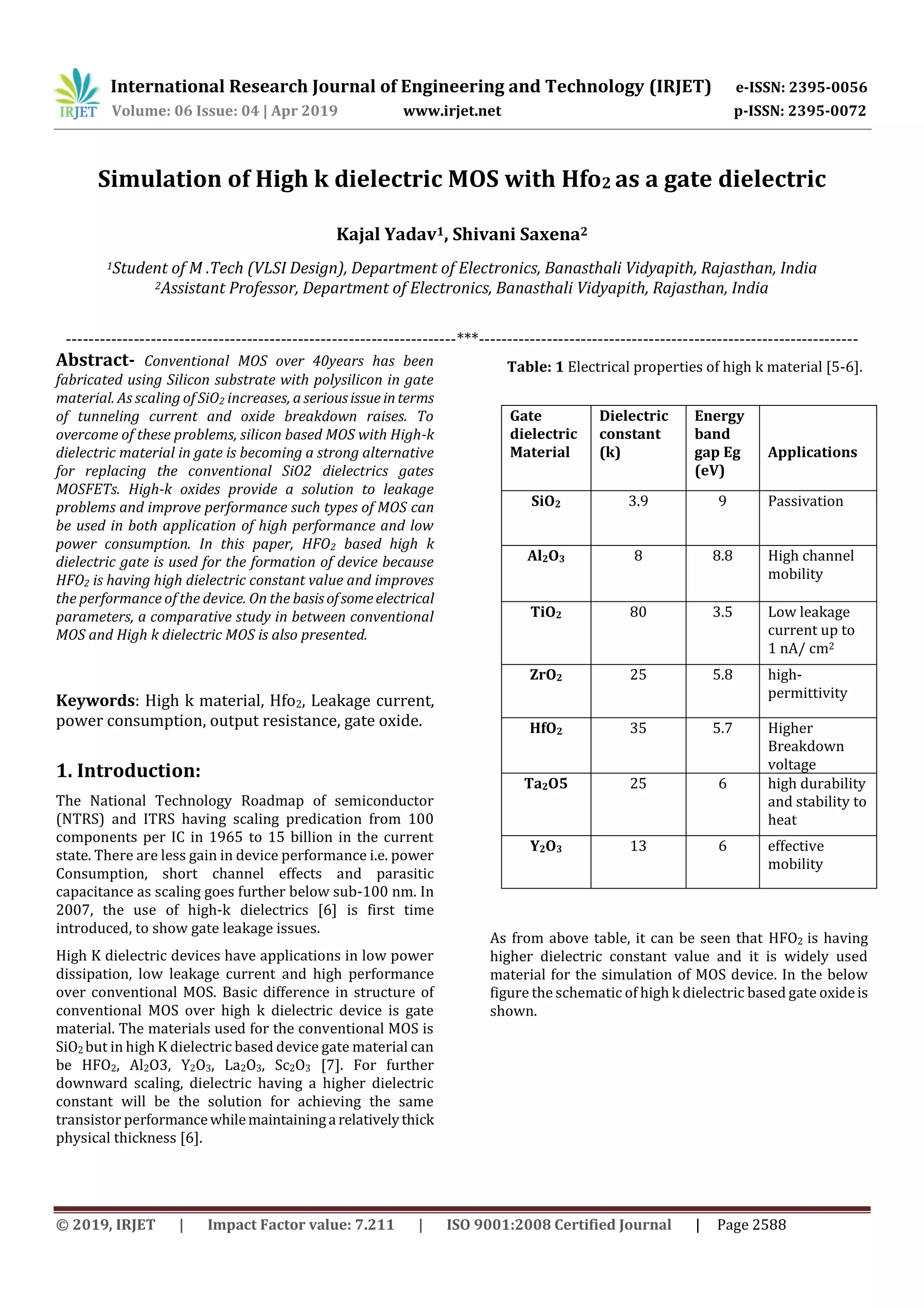IRJET- Simulation of High K Dielectric MOS with HFo2 as a Gate ...