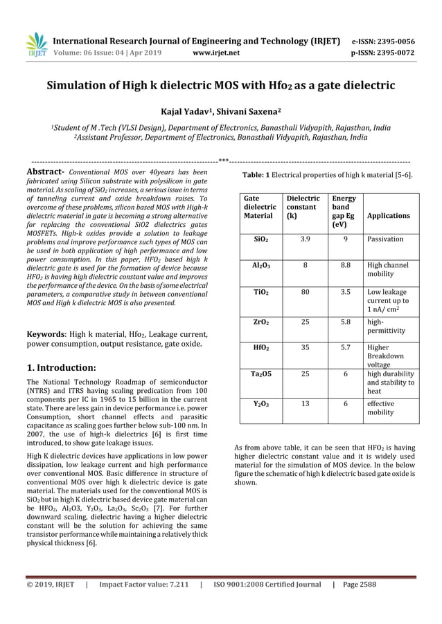 IRJET- Simulation of High K Dielectric MOS with HFo2 as a Gate Dielectric | PDF | Chemistry ...