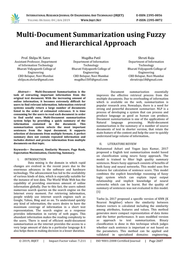 Irjet Multi Document Summarization Using Fuzzy And Hierarchical Approach Pdf