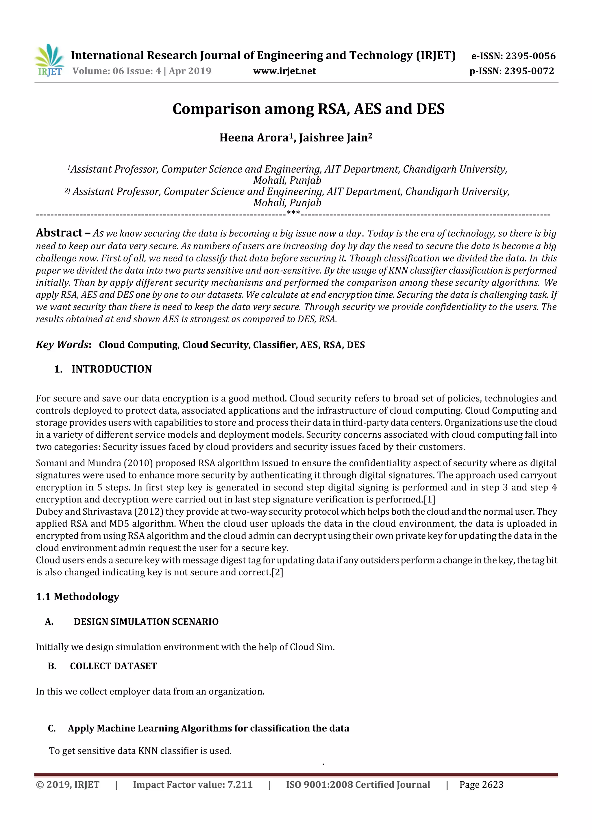 IRJET- Comparison Among RSA, AES and DES | PDF | Cloud Computing | Internet
