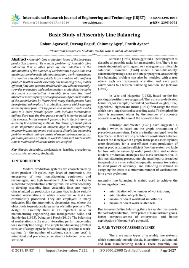 IRJET- Basic Study of Assembly Line Balancing | PDF