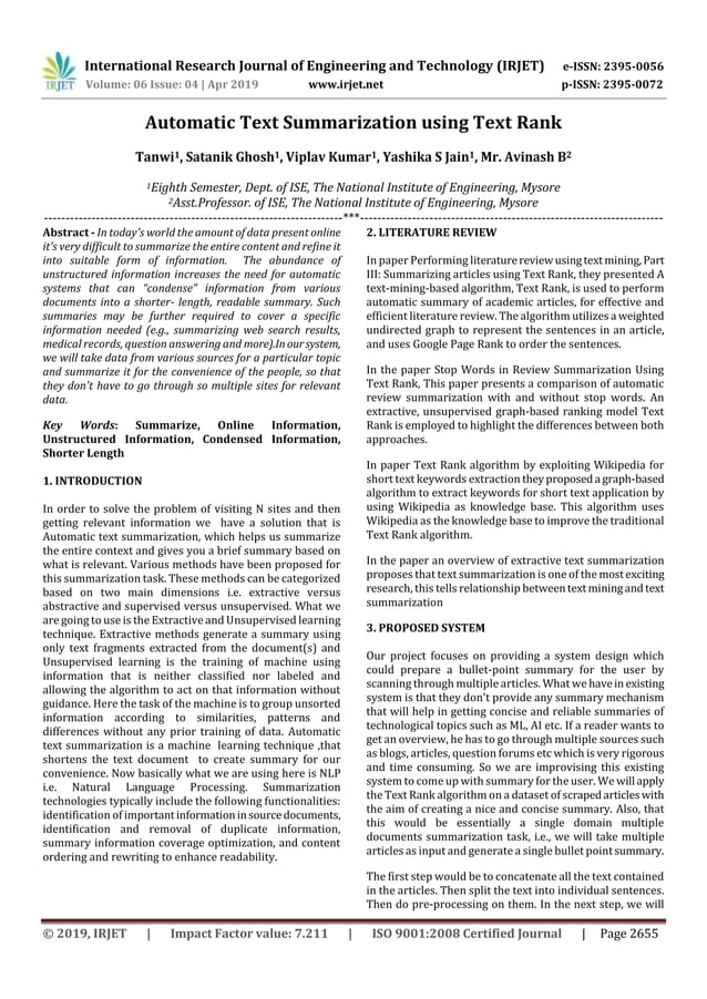 Irjet Automatic Text Summarization Using Text Rank Pdf