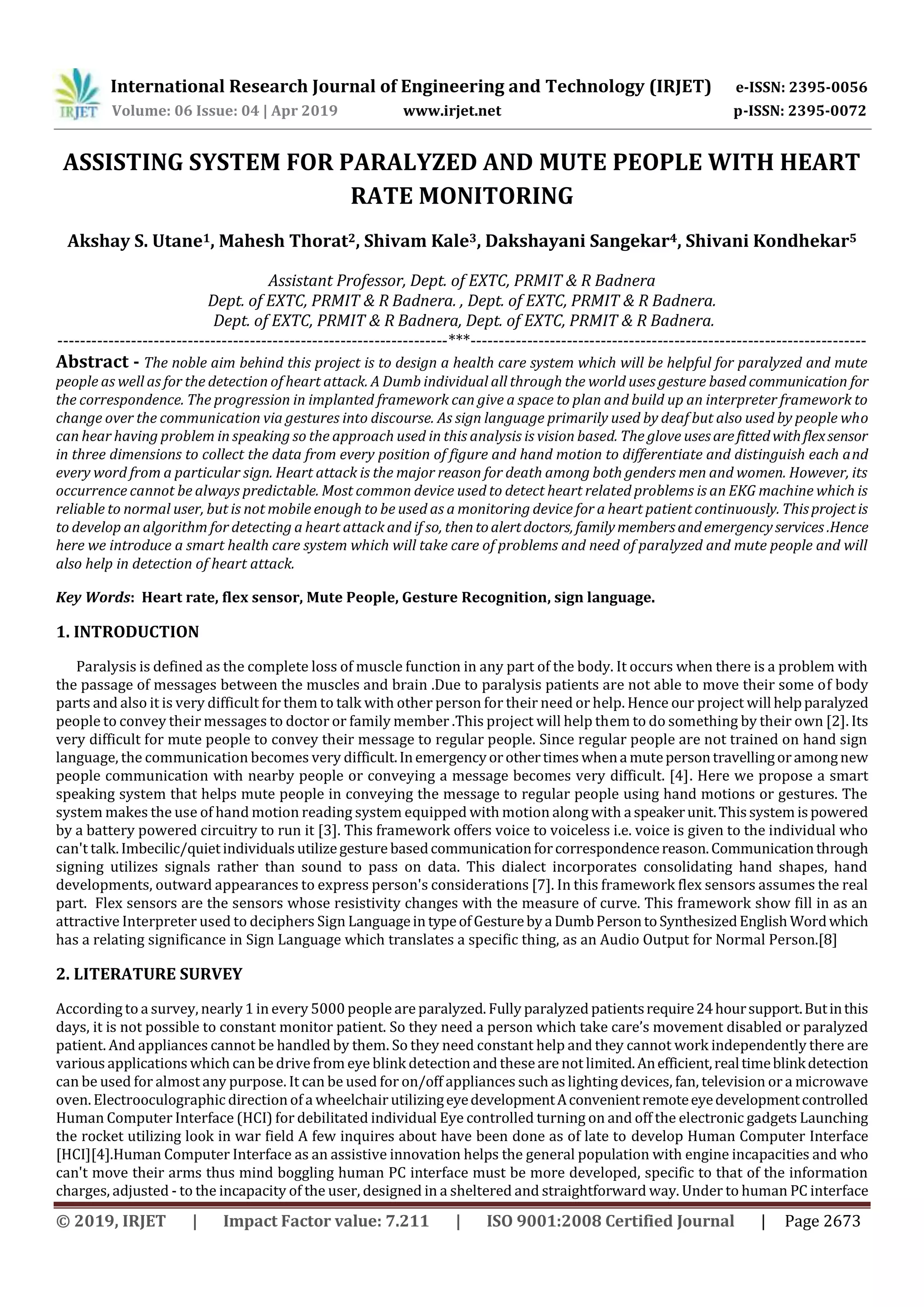IRJET- Assisting System for Paralyzed and Mute People with Heart Rate Monitoring | PDF