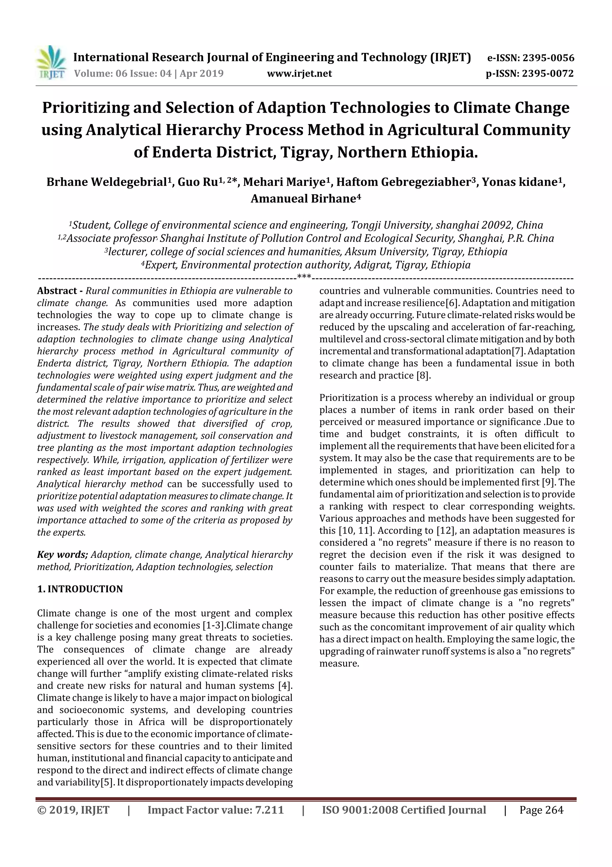 IRJET- Prioritizing and Selection of Adaption Technologies to Climate Change using Analytical ...