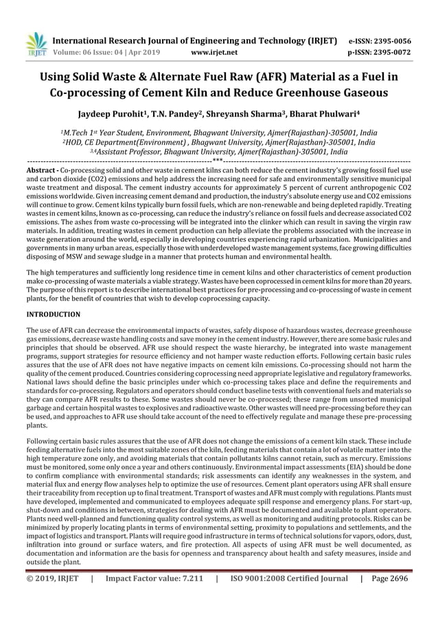 IRJET- Using Solid Waste & Alternate Fuel Raw (AFR) Material as a Fuel ...