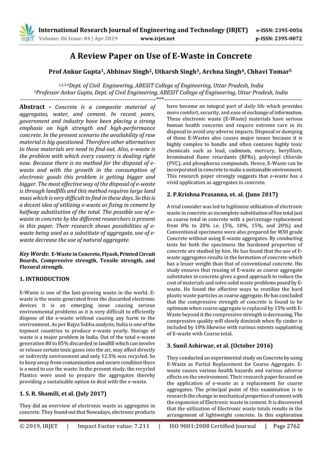 IRJET- A Review Paper on Use of E-Waste in Concrete | PDF