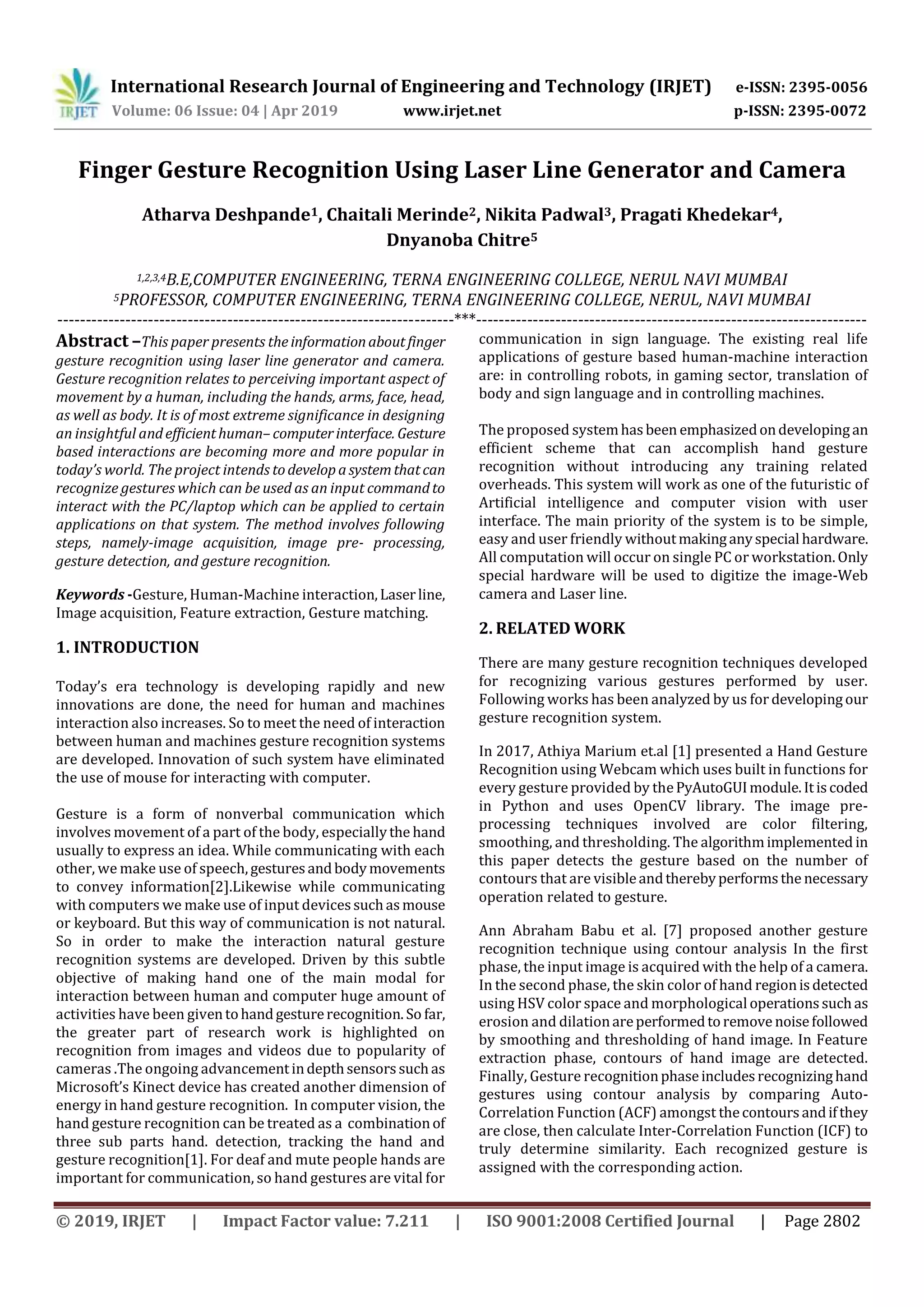 IRJET- Finger Gesture Recognition using Laser Line Generator and Camera | PDF