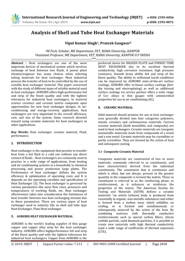 IRJET- Analysis of Shell and Tube Heat Exchanger Materials | PDF | Geology | Science