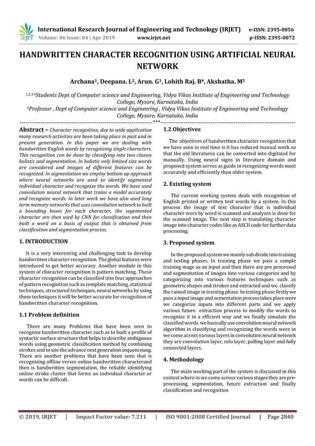 IRJET- Handwritten Character Recognition using Artificial Neural Network | PDF