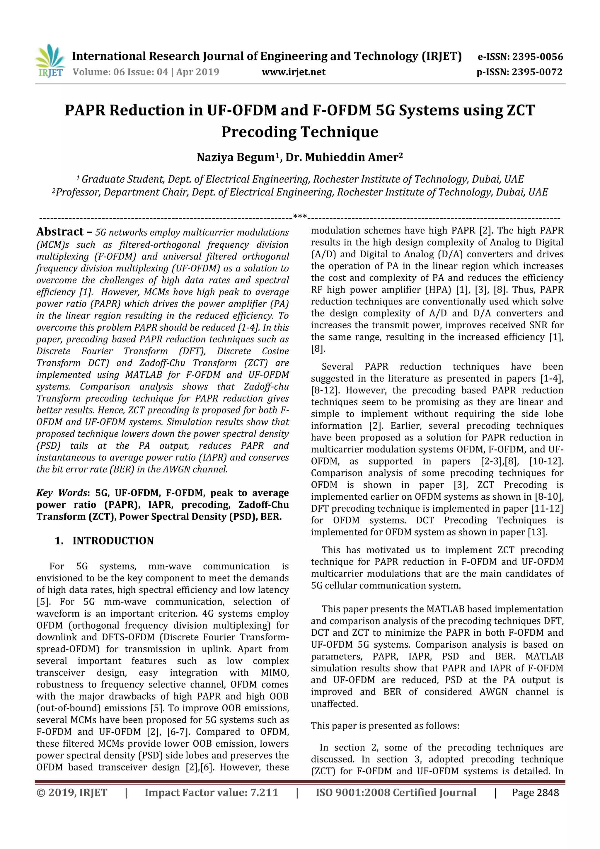 IRJET- PAPR Reduction in UF-OFDM and F-OFDM 5G Systems using ZCT Precoding Technique | PDF
