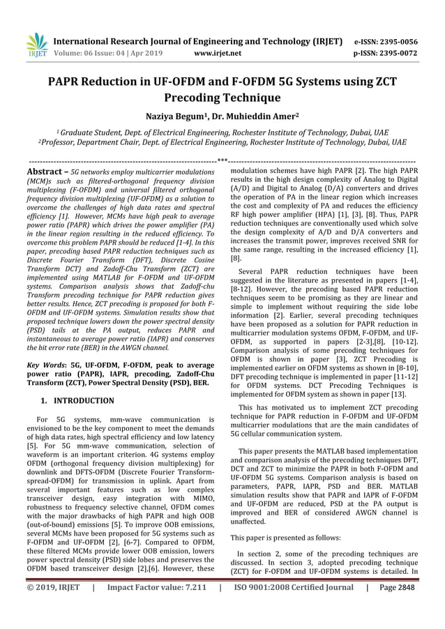 IRJET- PAPR Reduction in UF-OFDM and F-OFDM 5G Systems using ZCT Precoding Technique | PDF