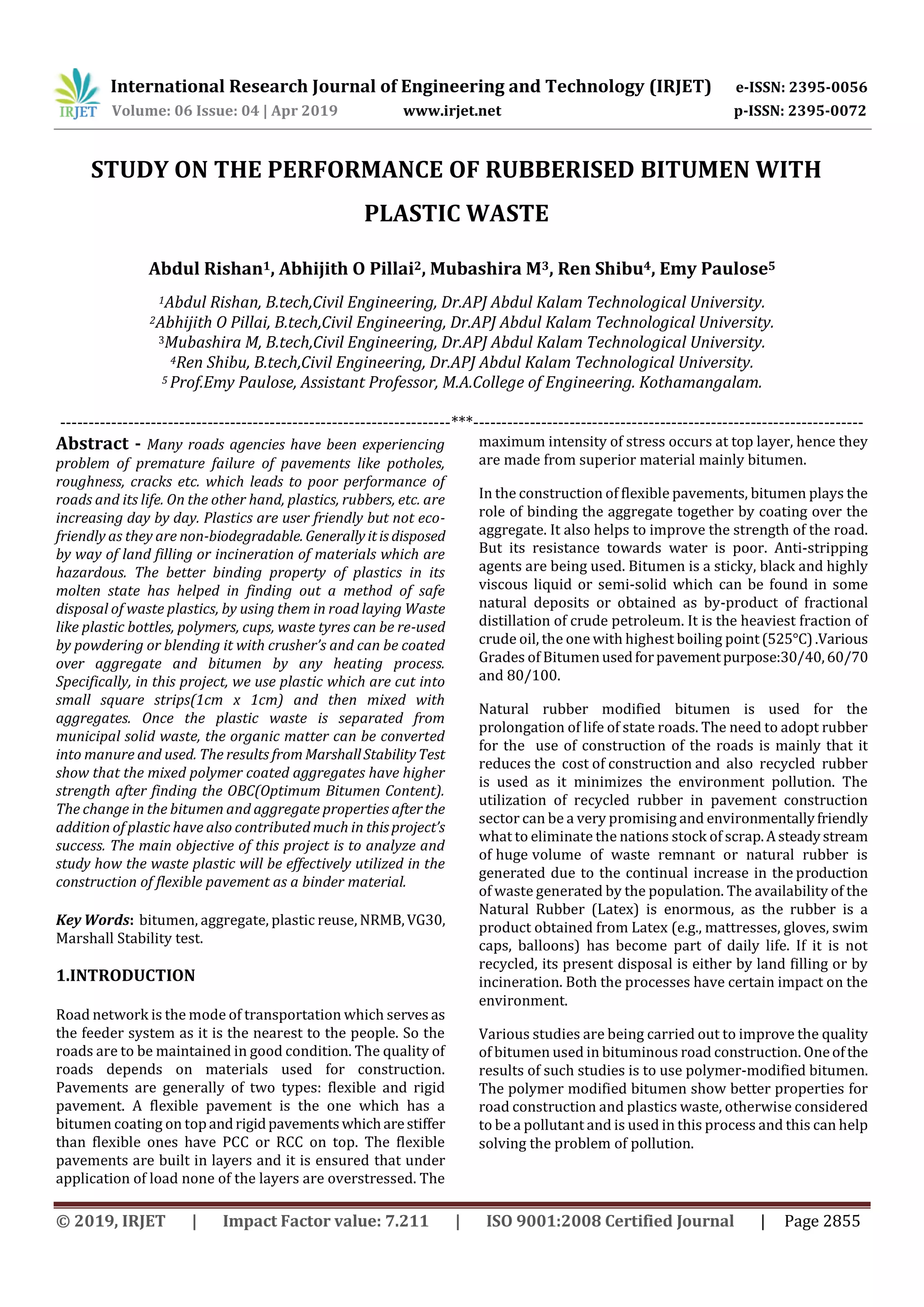 IRJET- Study on the Performance of Rubberised Bitumen with Plastic ...