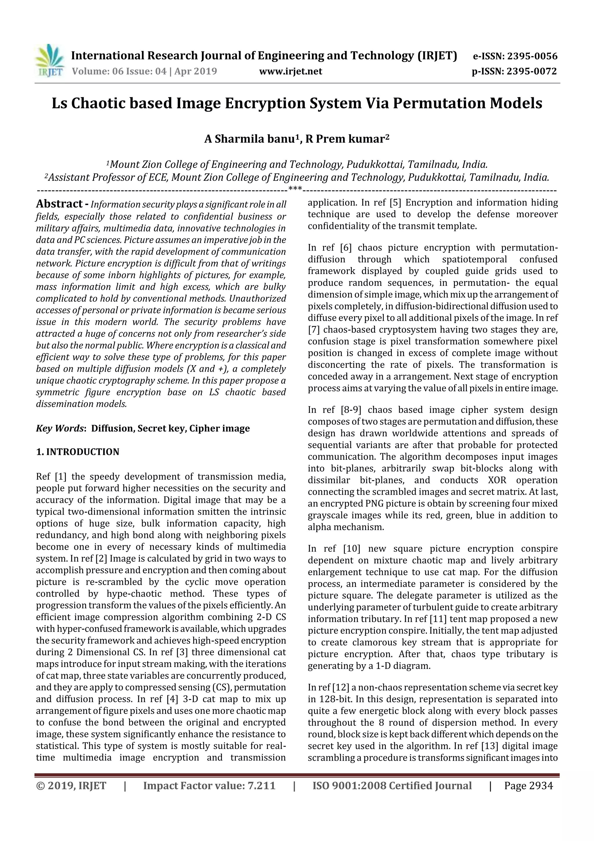 IRJET- LS Chaotic based Image Encryption System Via Permutation Models | PDF