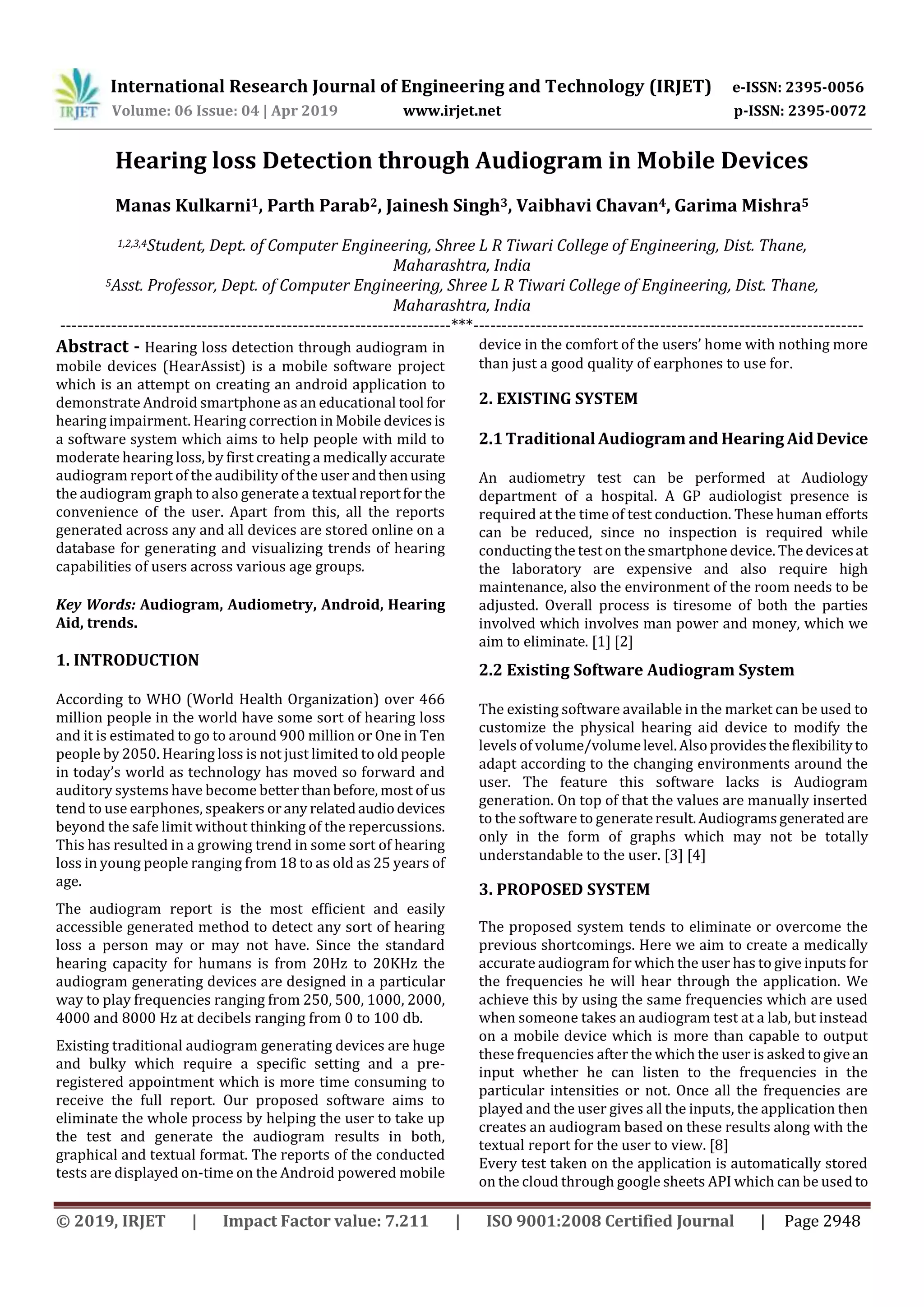 IRJET- Hearing Loss Detection through Audiogram in Mobile Devices | PDF