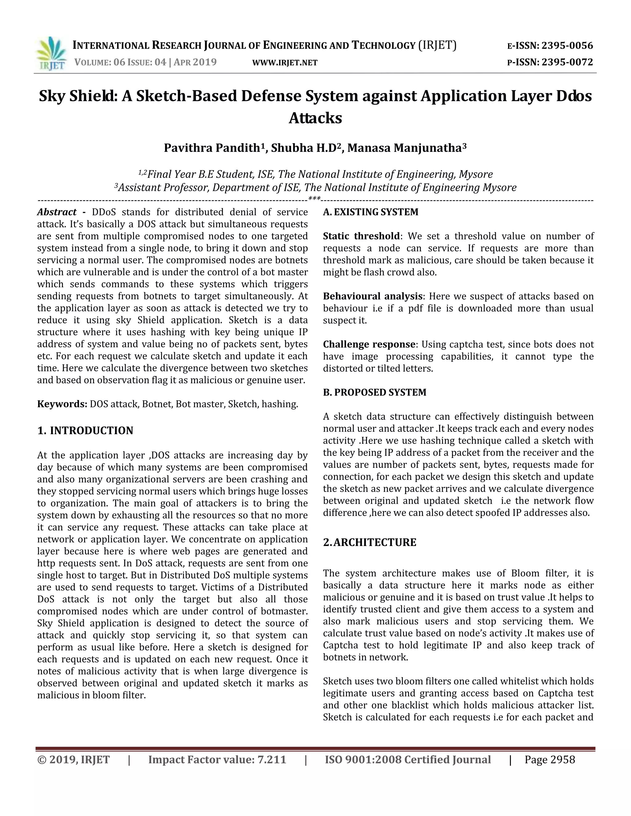 Irjet Sky Shield A Sketch Based Defense System Against Application Layer Ddos Attacks Pdf