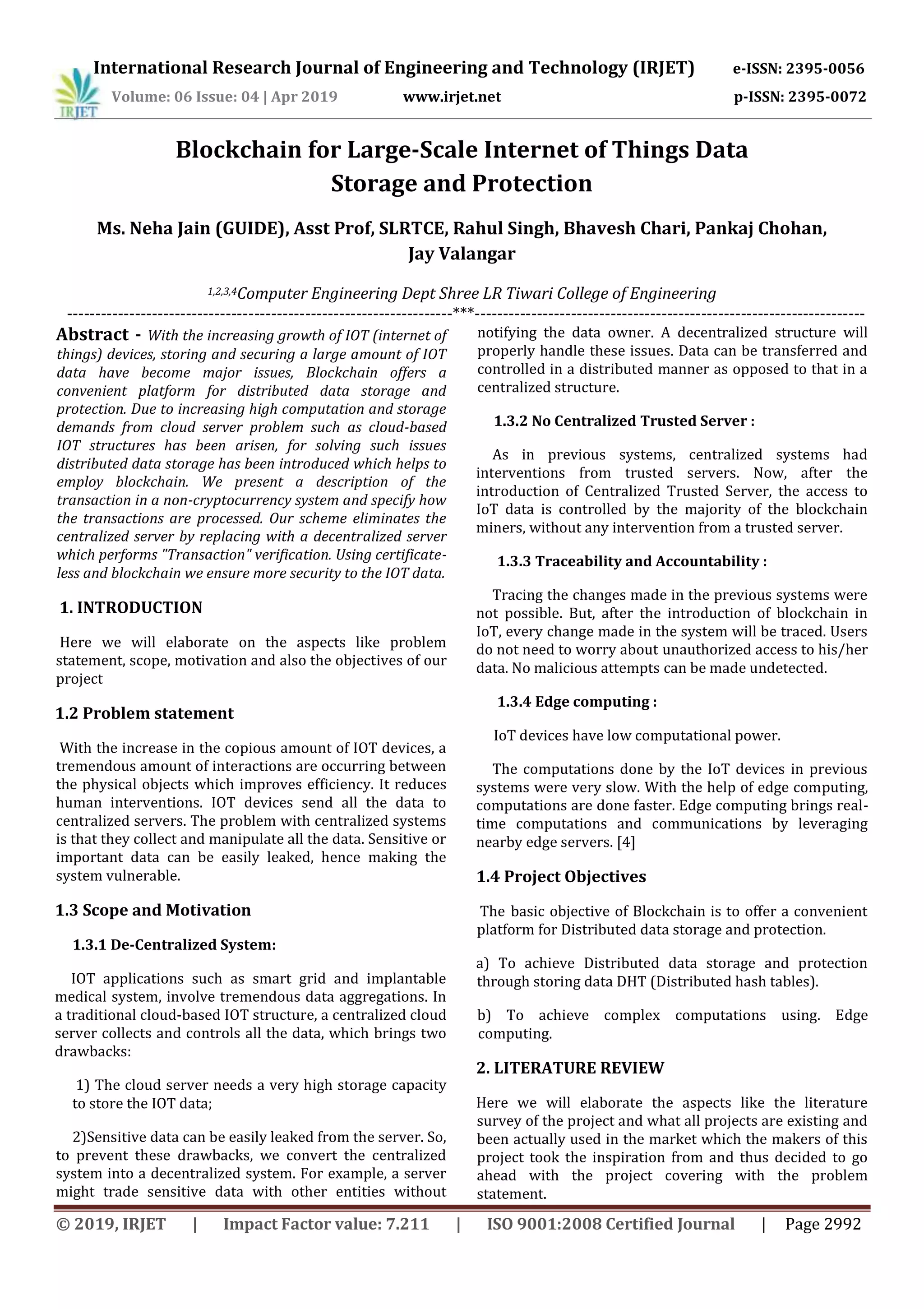 IRJET- Blockchain for Large-Scale Internet of Things Data Storage and Protection | PDF