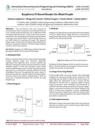 IRJET-Raspberry Pi based Reader for Blind People | PDF