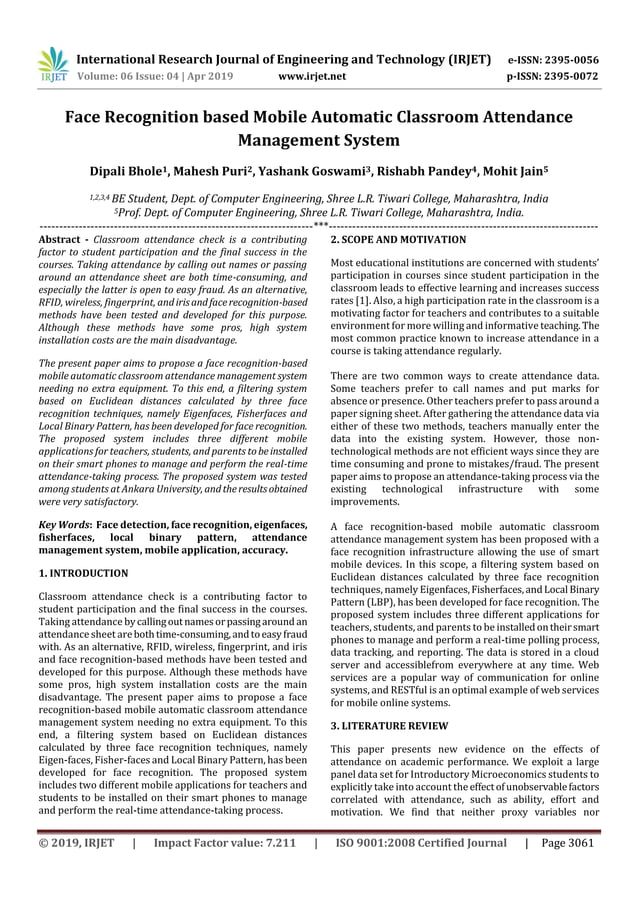 IRJET- Face Recognition based Mobile Automatic Classroom Attendance Management System | PDF