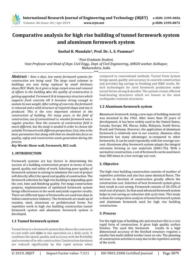 IRJET- Comparative Analysis for High Rise Building of Tunnel Formwork System and Aluminum ...