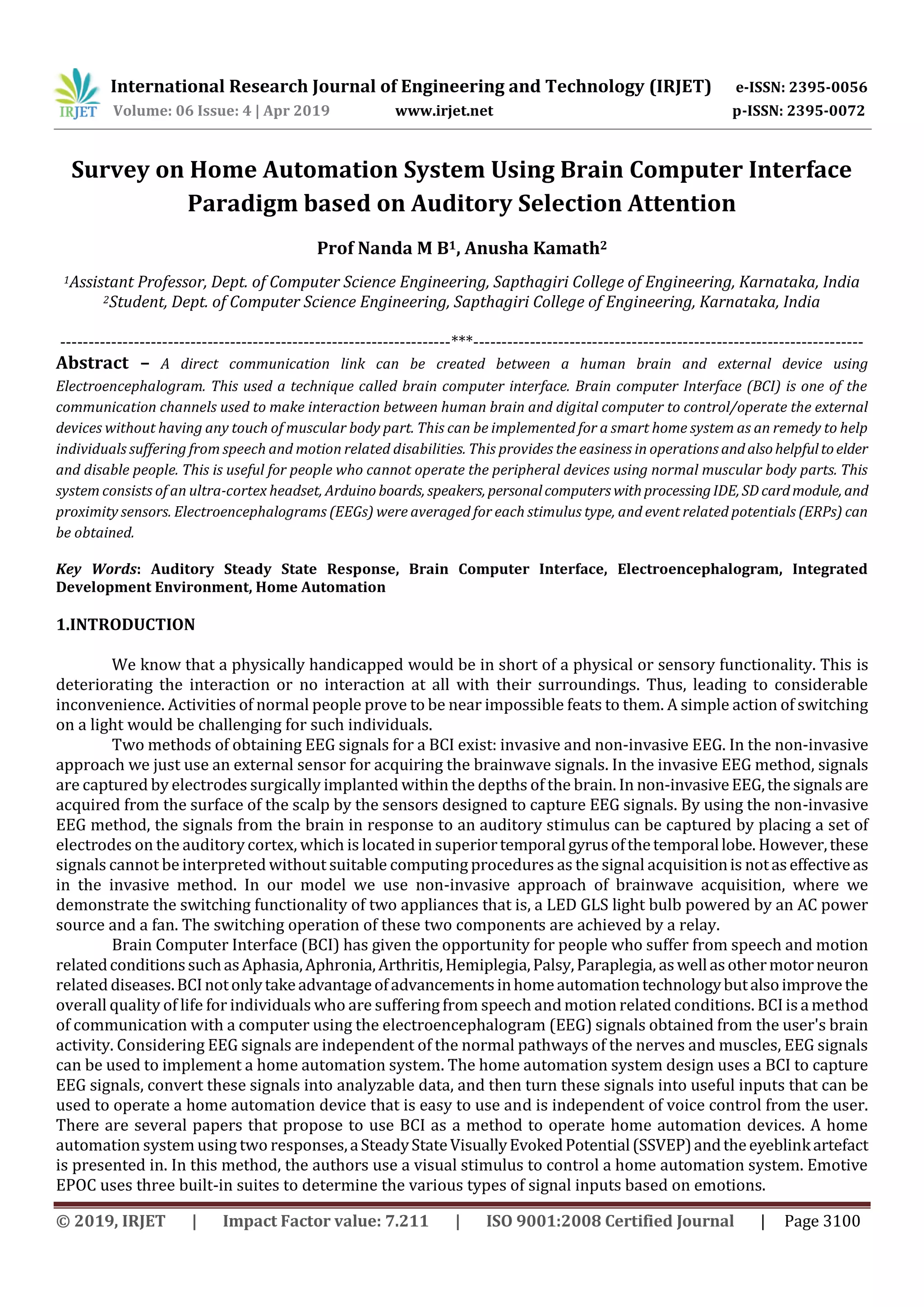 IRJET- Survey on Home Automation System using Brain Computer Interface Paradigm based on ...