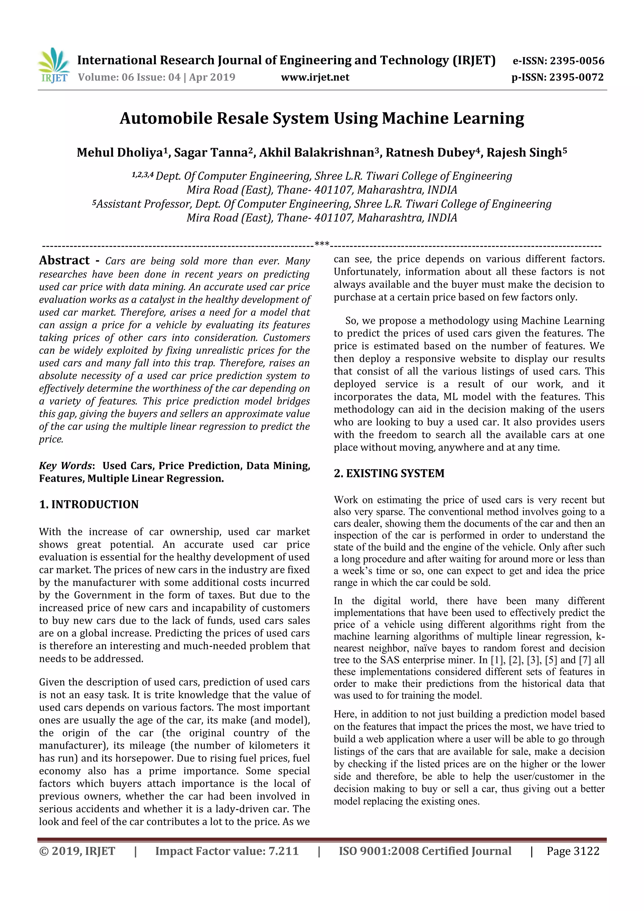 IRJET- Automobile Resale System using Machine Learning | PDF