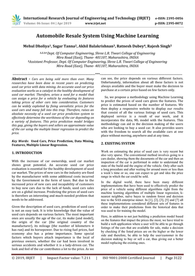 IRJET- Automobile Resale System using Machine Learning | PDF