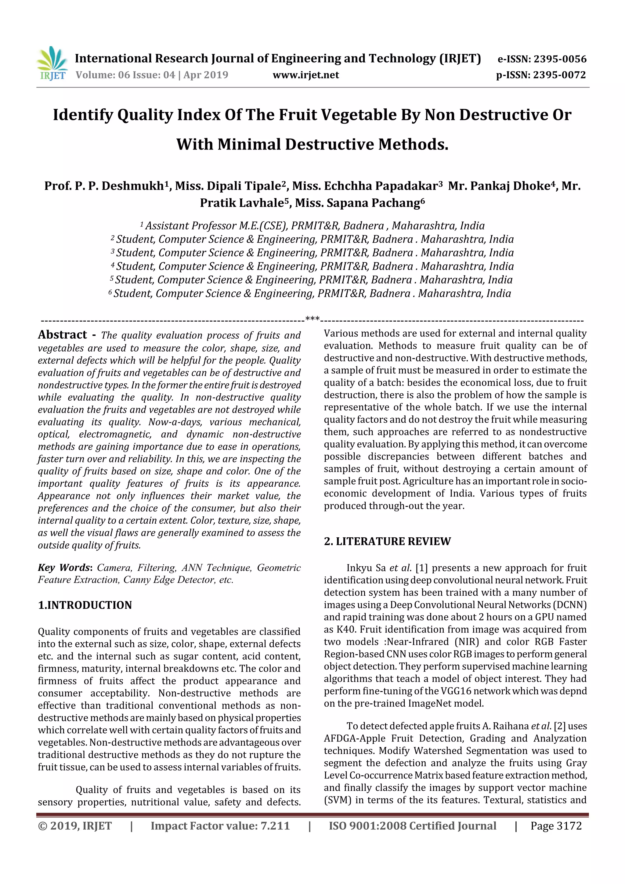 IRJET- Identify Quality Index of the Fruit Vegetable by Non Destructive ...