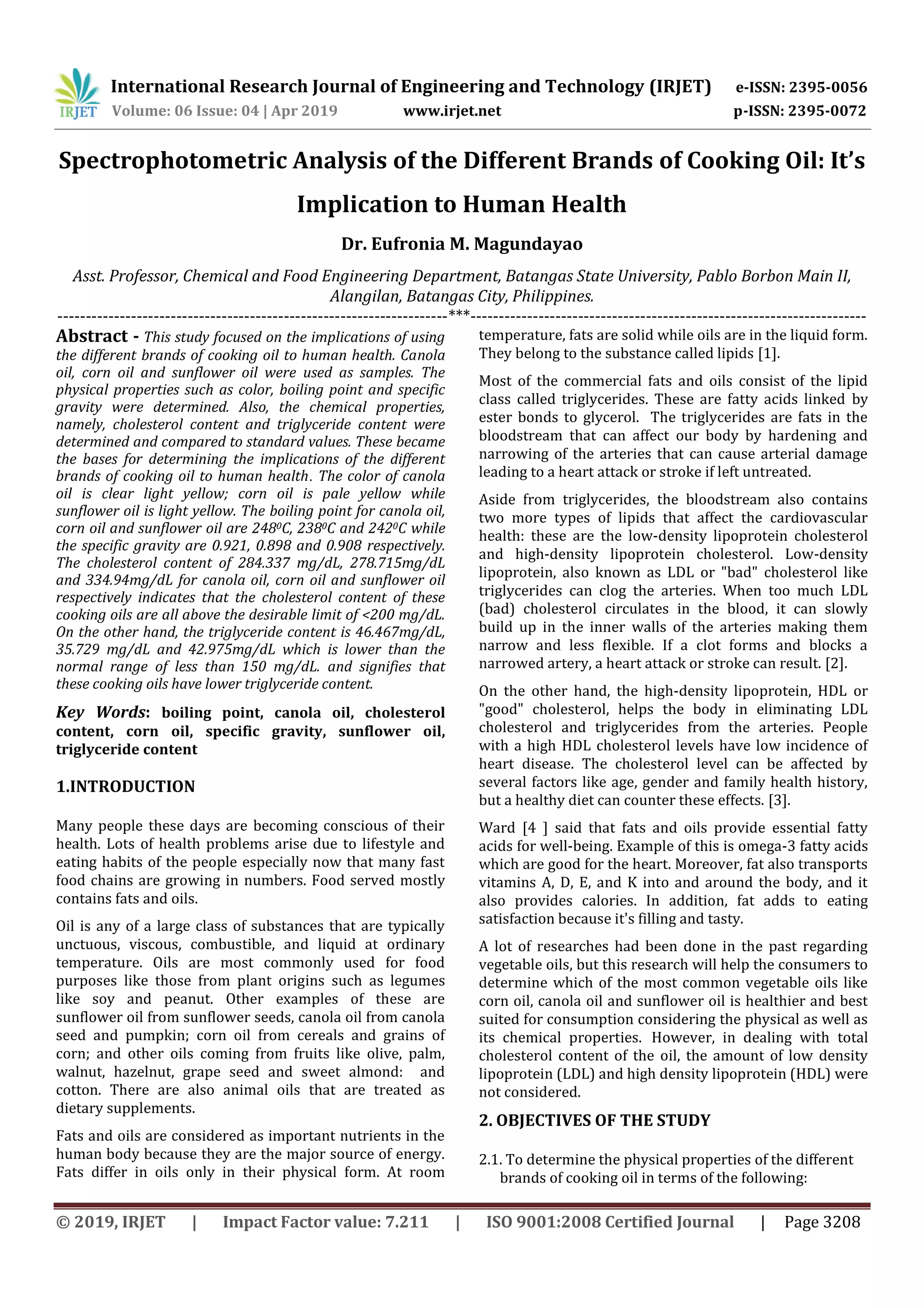 IRJET- Spectrophotometric Analysis of the Different Brands of Cooking Oil: It’s Implication to ...