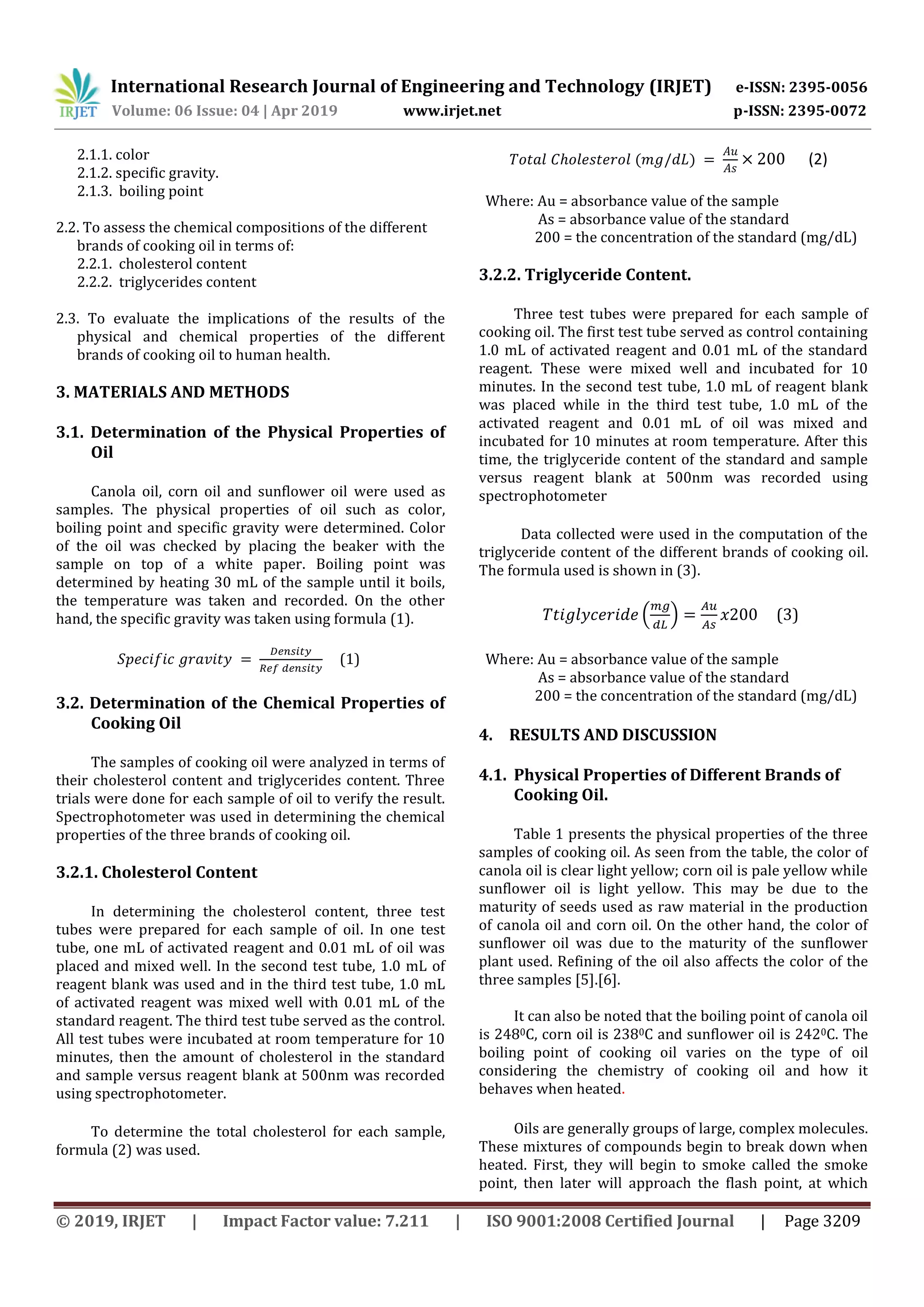 IRJET- Spectrophotometric Analysis of the Different Brands of Cooking Oil: It’s Implication to ...