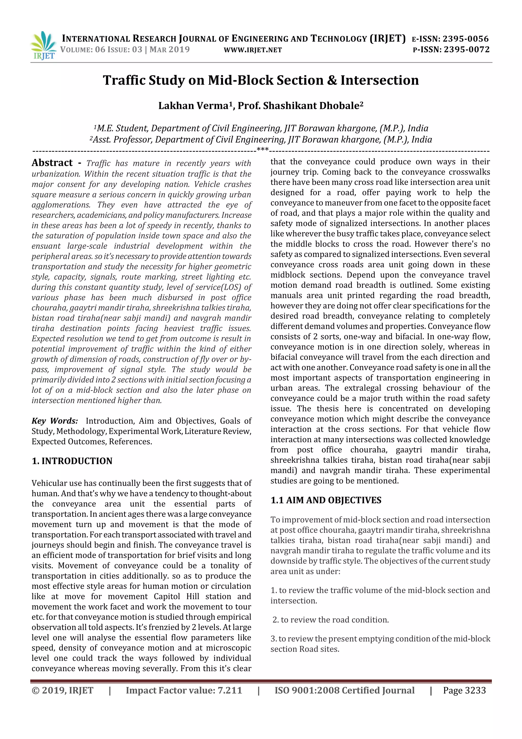 IRJET- Traffic Study on Mid-Block Section & Intersection | PDF
