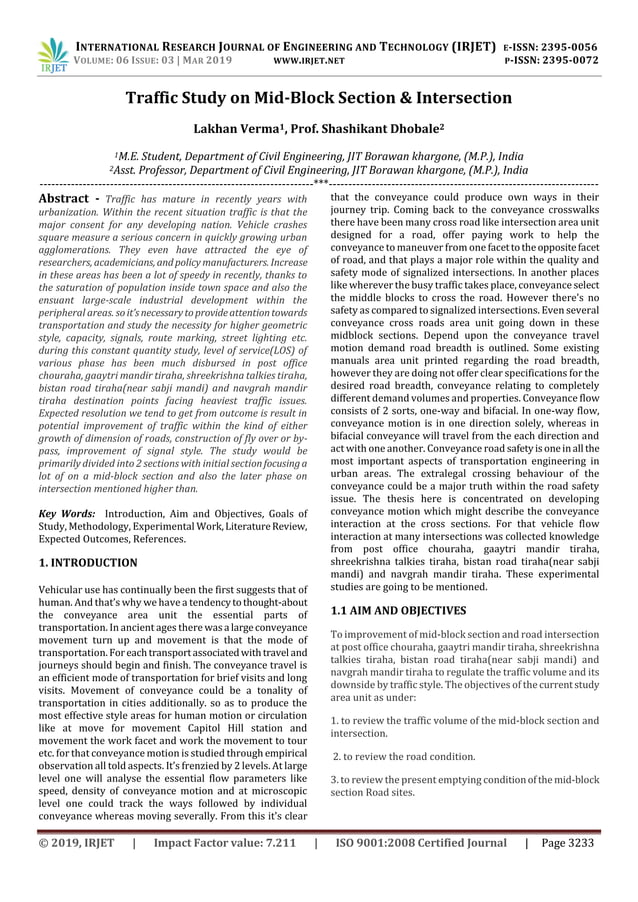IRJET- Traffic Study on Mid-Block Section & Intersection | PDF