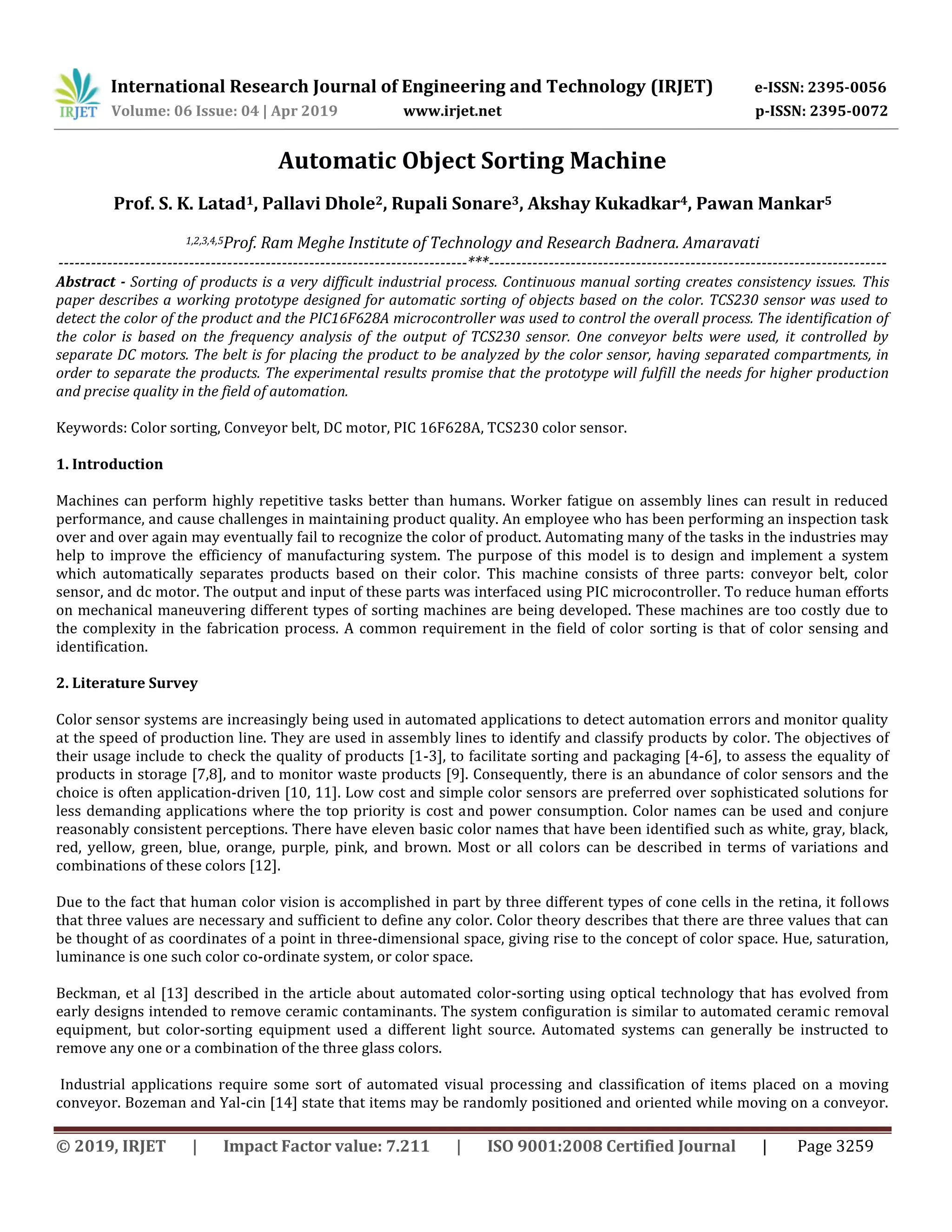 Irjet Automatic Object Sorting Machine Pdf Free Download