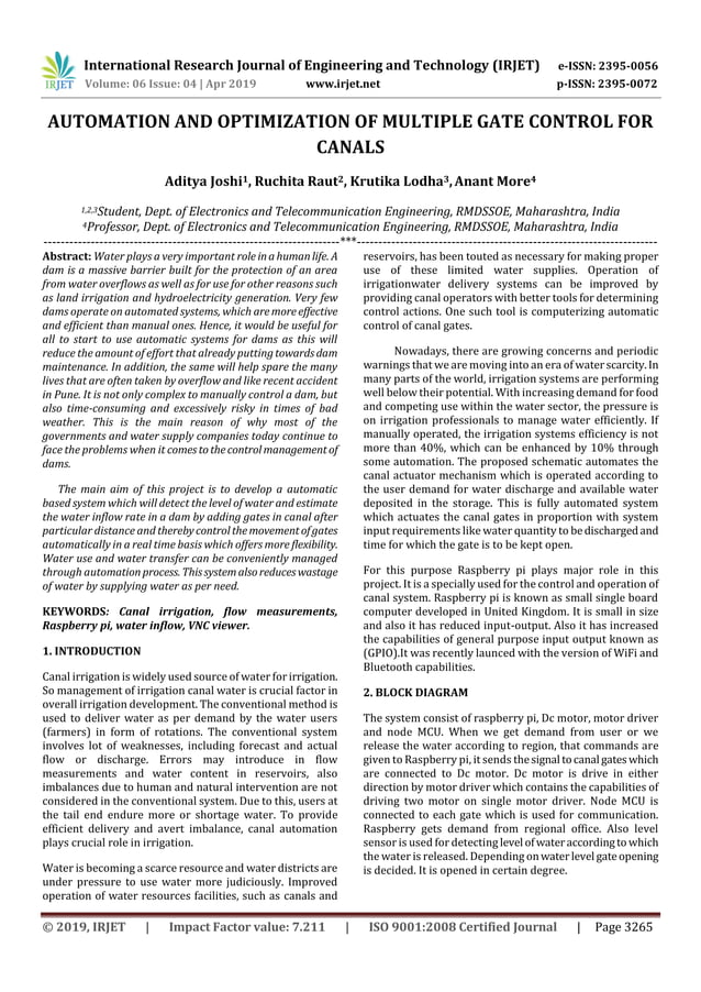 Irjet Automation And Optimization Of Multiple Gate Control For Canals
